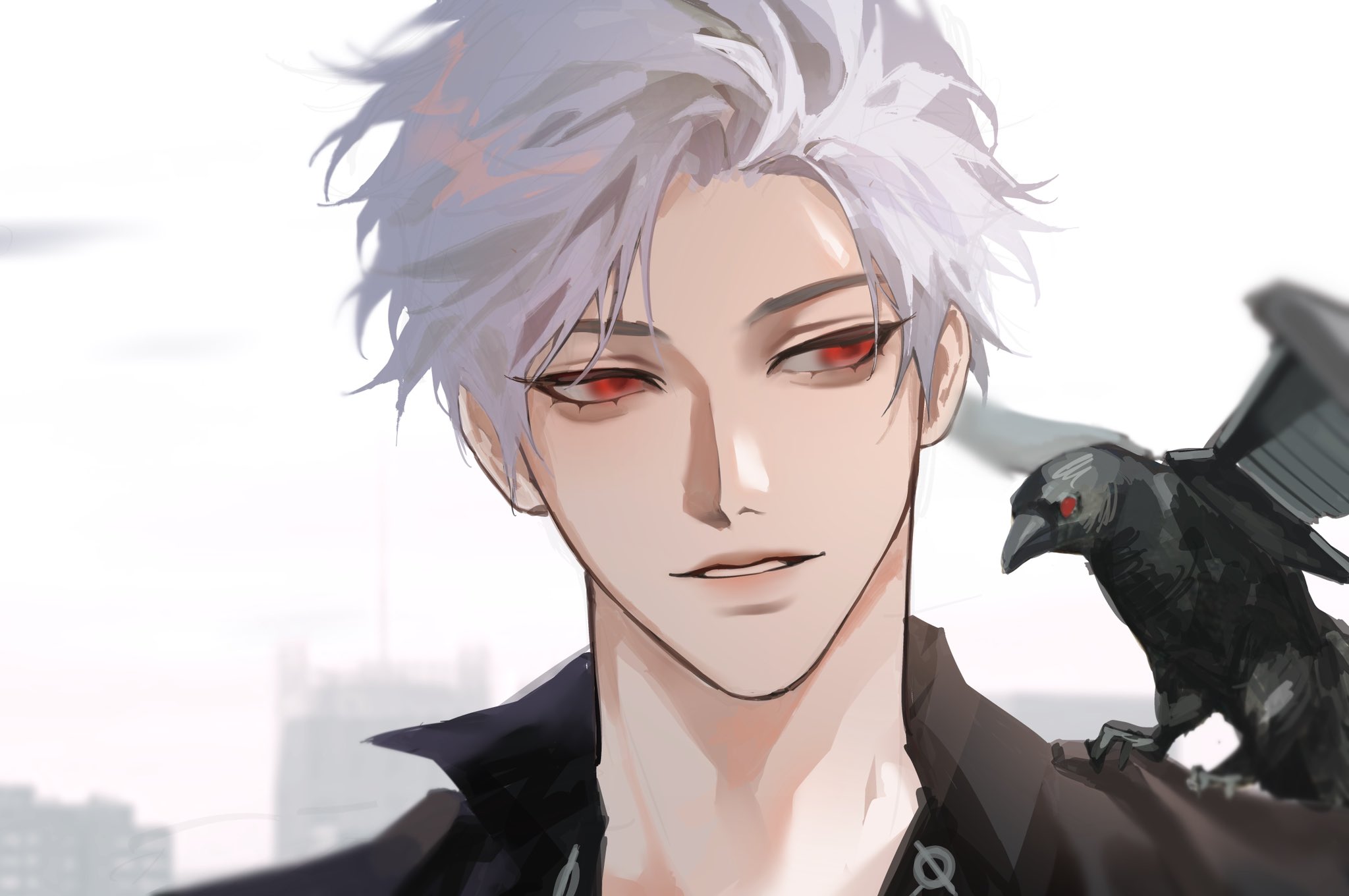 The Big ImageBoard (TBIB) - 1boy animal on shoulder bird bird on shoulder black shirt collared ...