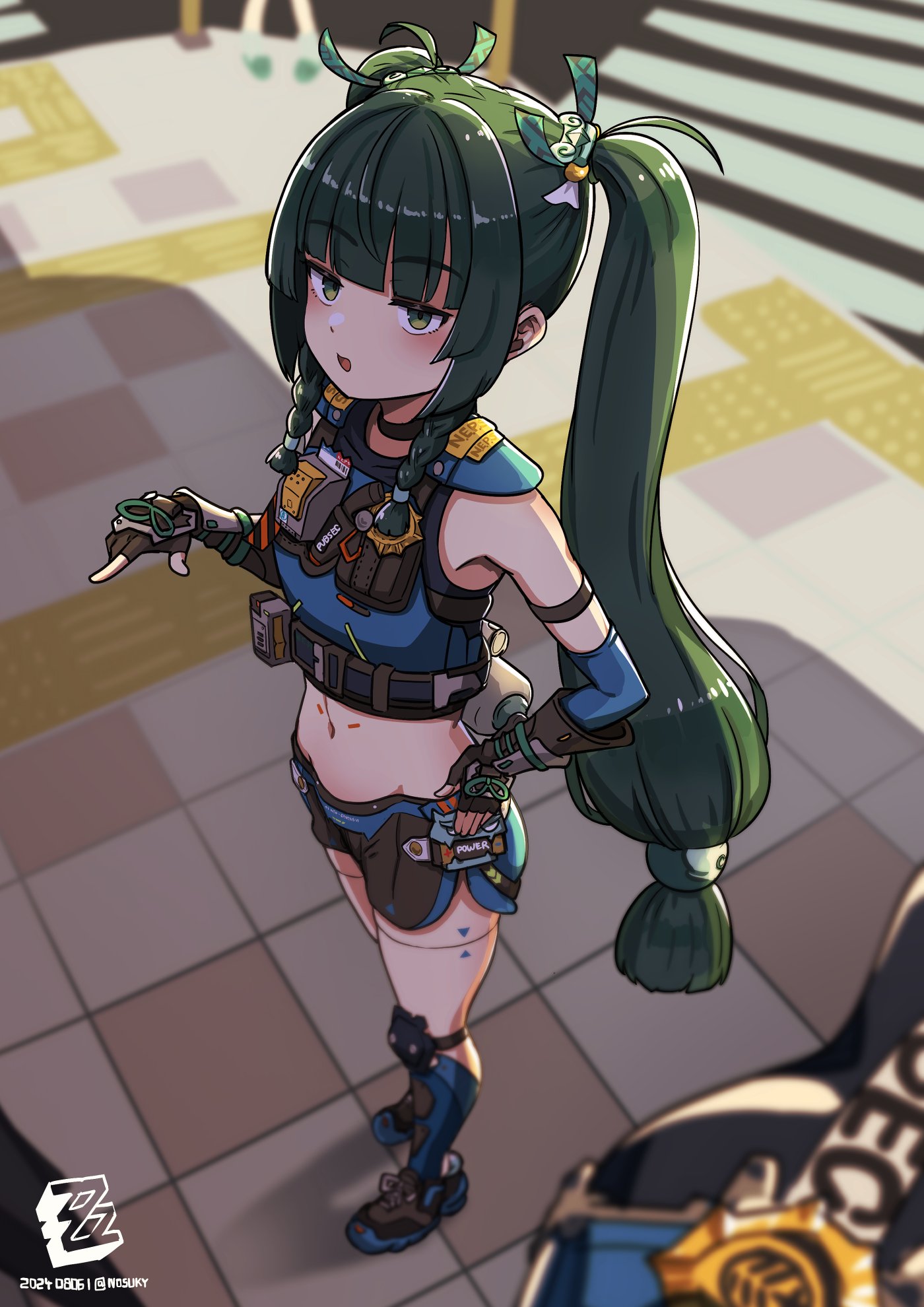 The Big ImageBoard (TBIB) - 1girl black shorts blue gloves blunt bangs braid breasts crop top ...