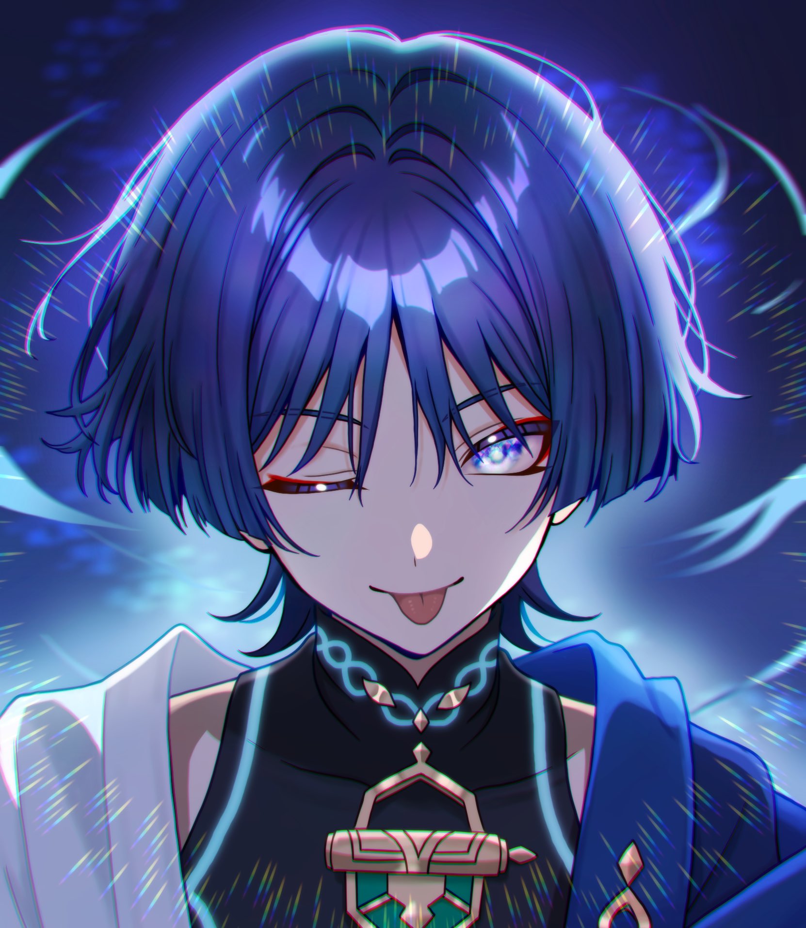 The Big ImageBoard (TBIB) - 1boy aura black bodysuit blue background blue cape blue eyes blue ...