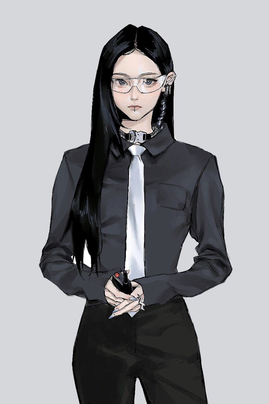 The Big ImageBoard (TBIB) - 1girl aegyo sal black choker black hair black pants black shirt blue ...