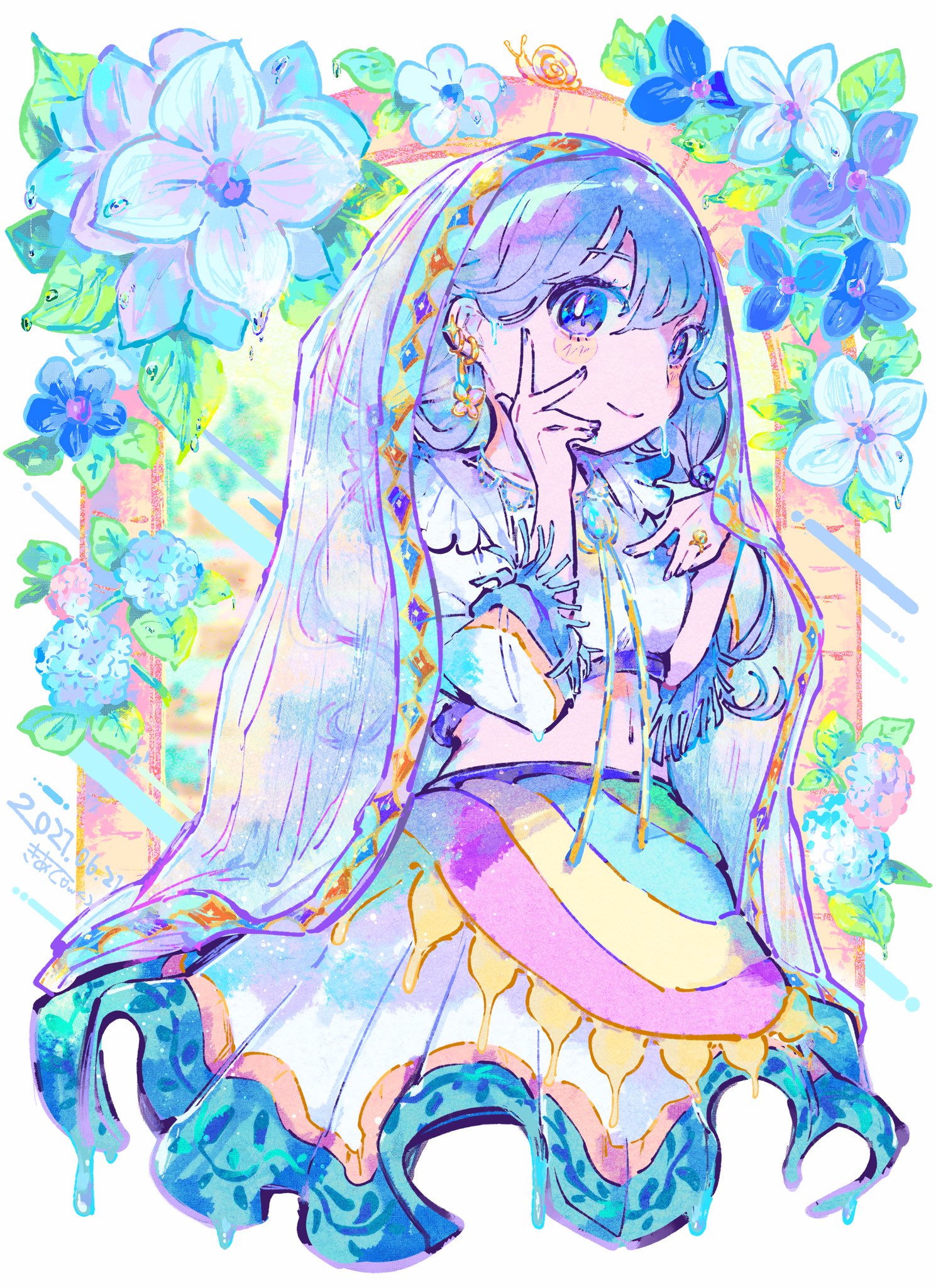 The Big ImageBoard (TBIB) - 1girl blue eyes blue flower blue hair blush earrings flower highres ...