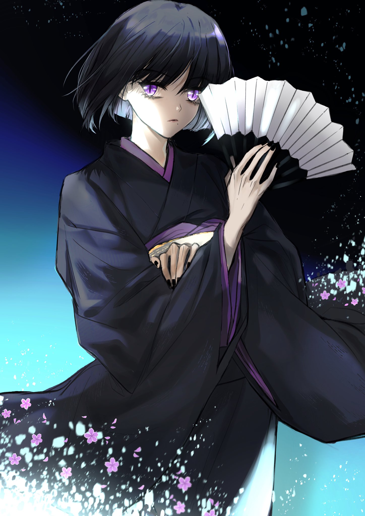 The Big ImageBoard (TBIB) - 1boy androgynous black background black hair black kimono black ...