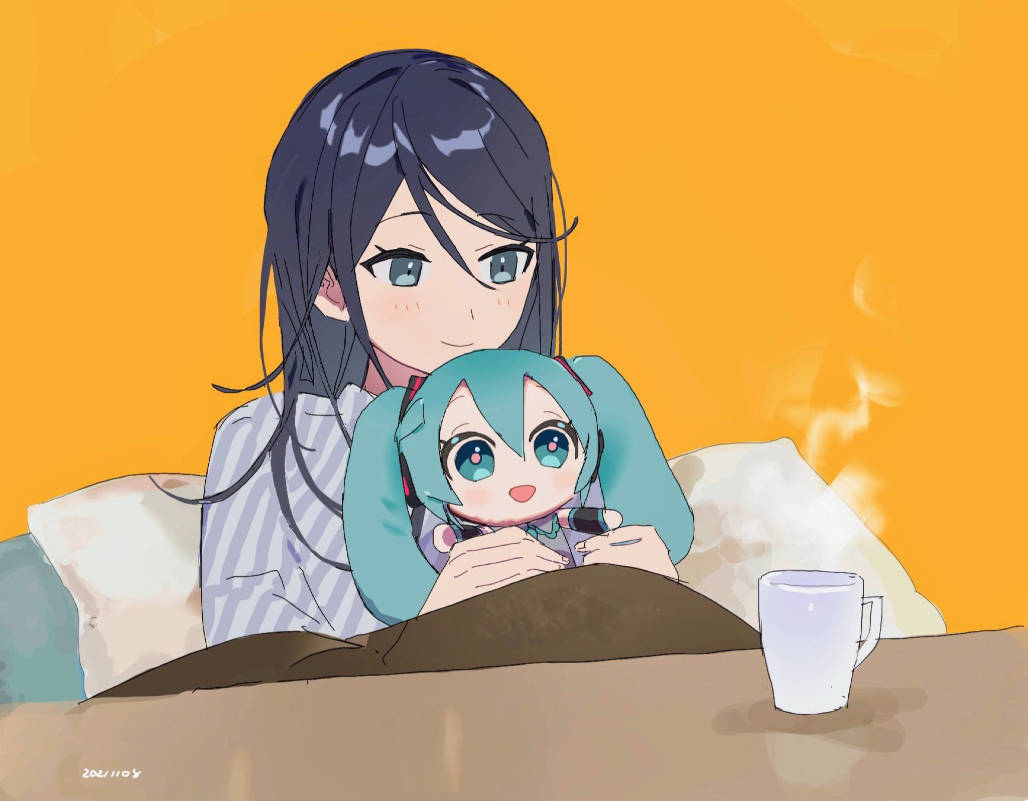 The Big ImageBoard (TBIB) - 1girl :d aqua eyes aqua hair black hair black sleeves blanket ...