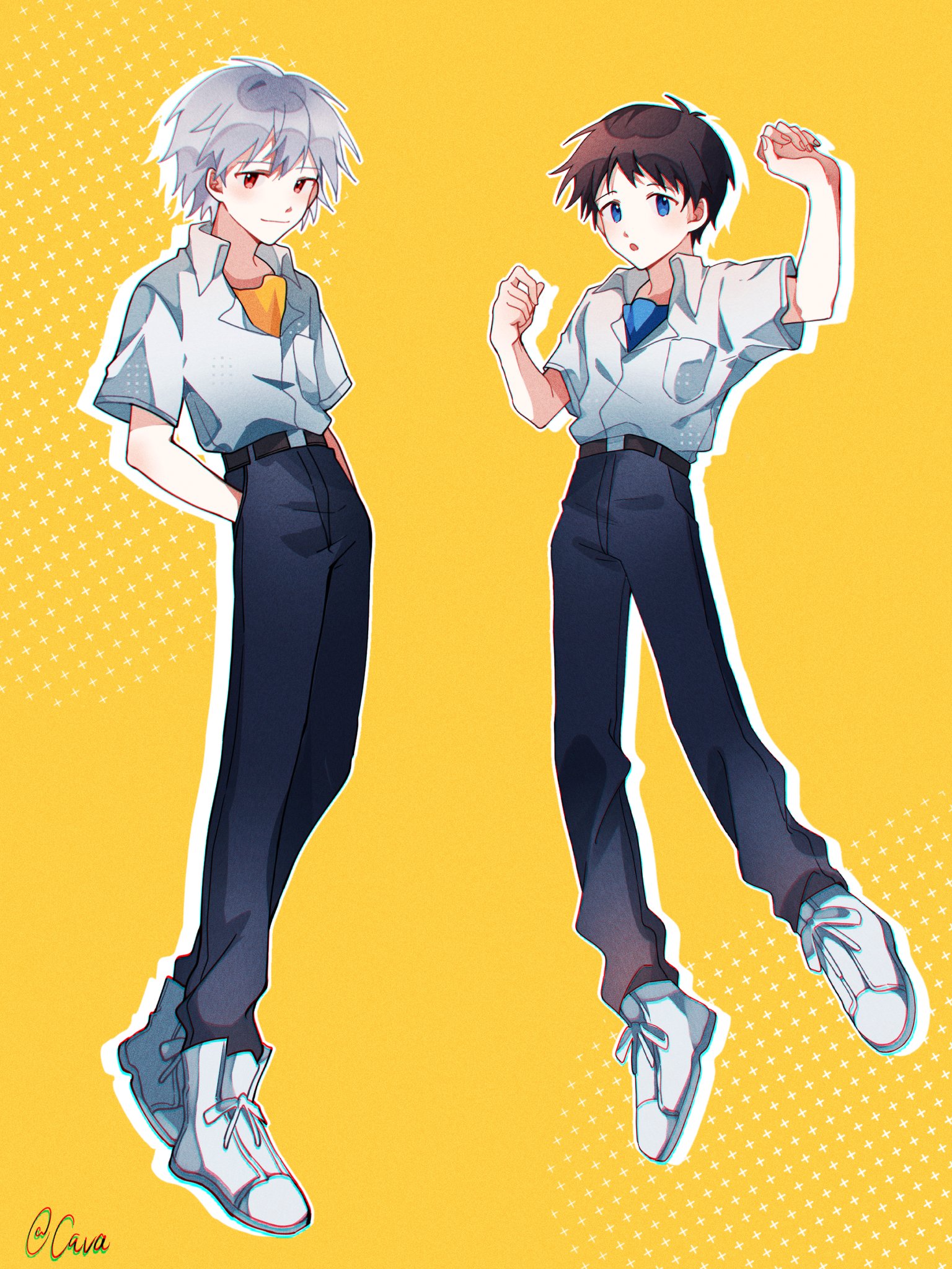 The Big ImageBoard (TBIB) - 2boys belt black pants blue eyes blue shirt closed mouth grey hair ...