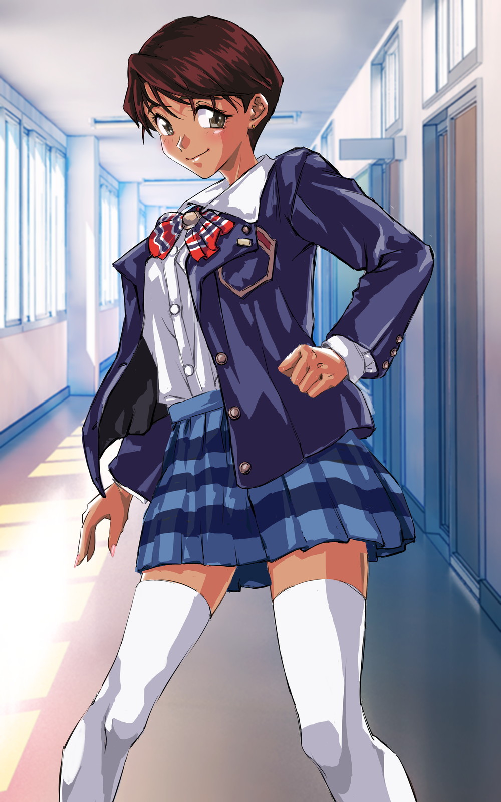 The Big ImageBoard (TBIB) - 1girl blazer blue jacket blue skirt bow brown eyes brown hair dark ...