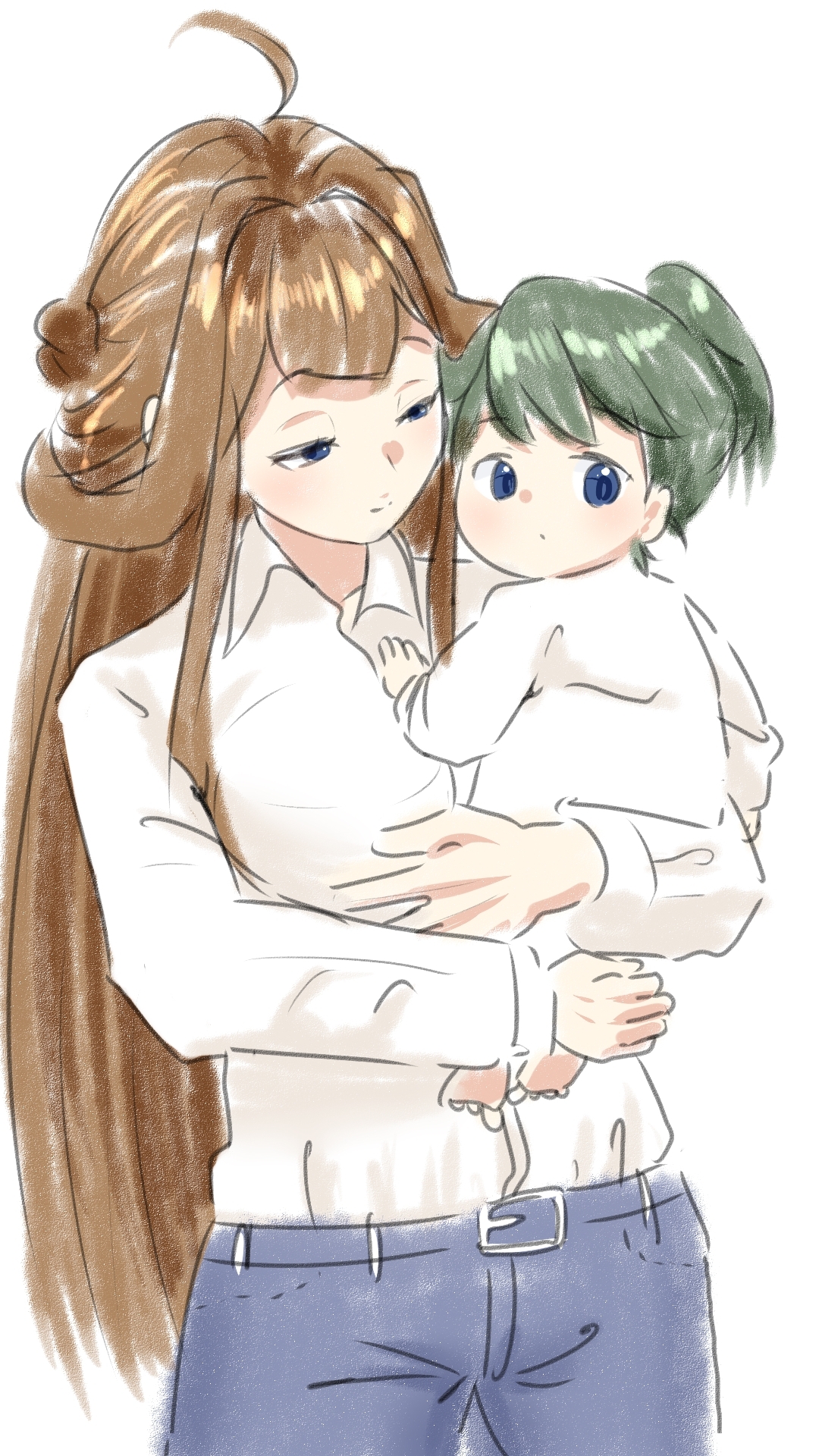 The Big ImageBoard (TBIB) - 2girls aged down ahoge alternate costume baby blue pants brown hair ...