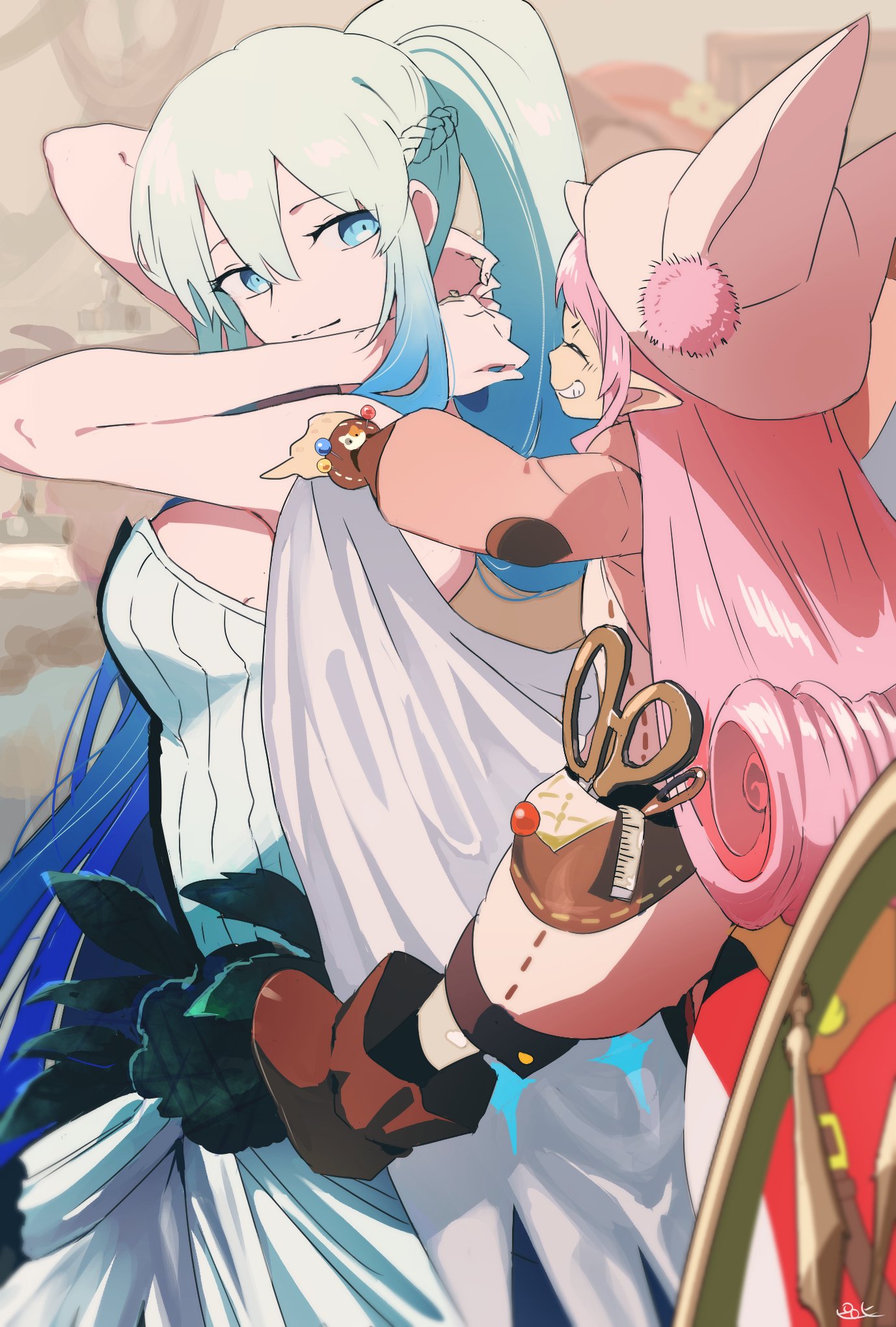 The Big ImageBoard (TBIB) - 2girls animal hat baggy pants blue eyes blue hair breasts brown ...