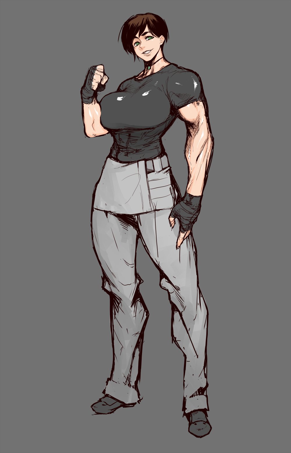 The Big ImageBoard (TBIB) - 1girl abs arm at side bangs black gloves ...