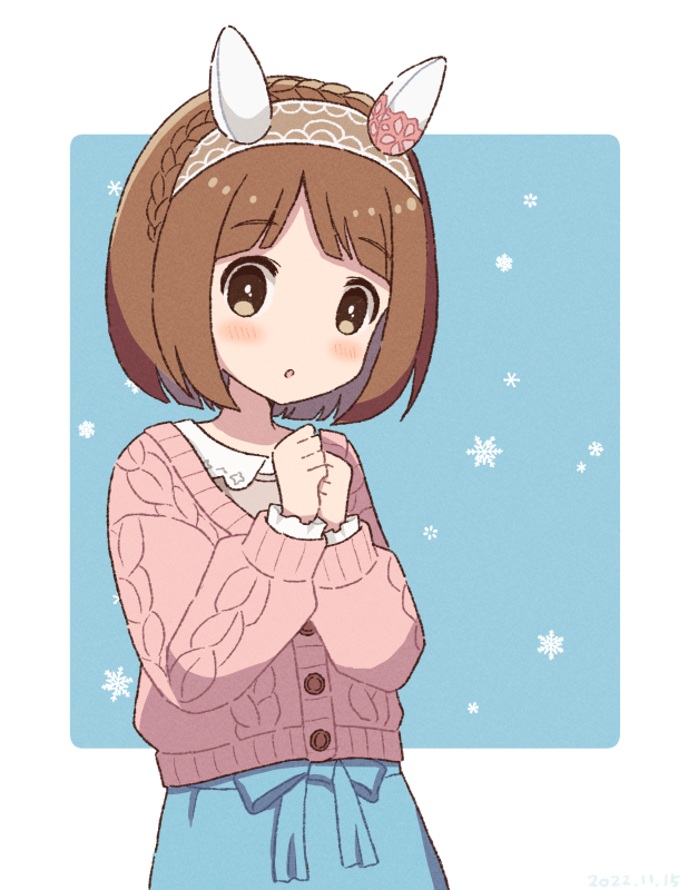 The Big ImageBoard (TBIB) - 1girl animal ears blue background blue skirt blush braid brown eyes ...