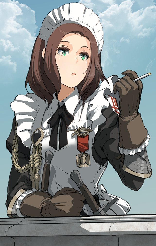 The Big ImageBoard (TBIB) - 1girl apron armor asterisk kome blue eyes blue sky bow bowtie brown ...