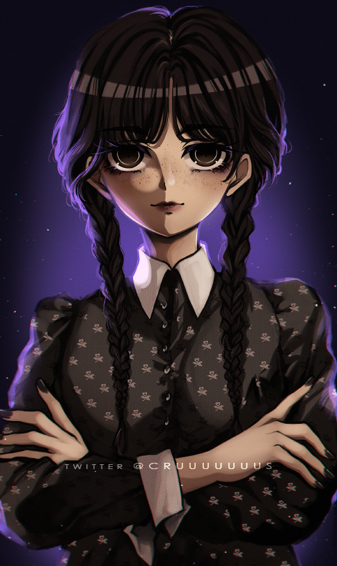 The Big ImageBoard (TBIB) - 1girl addams family animification black dress black hair braid brown ...