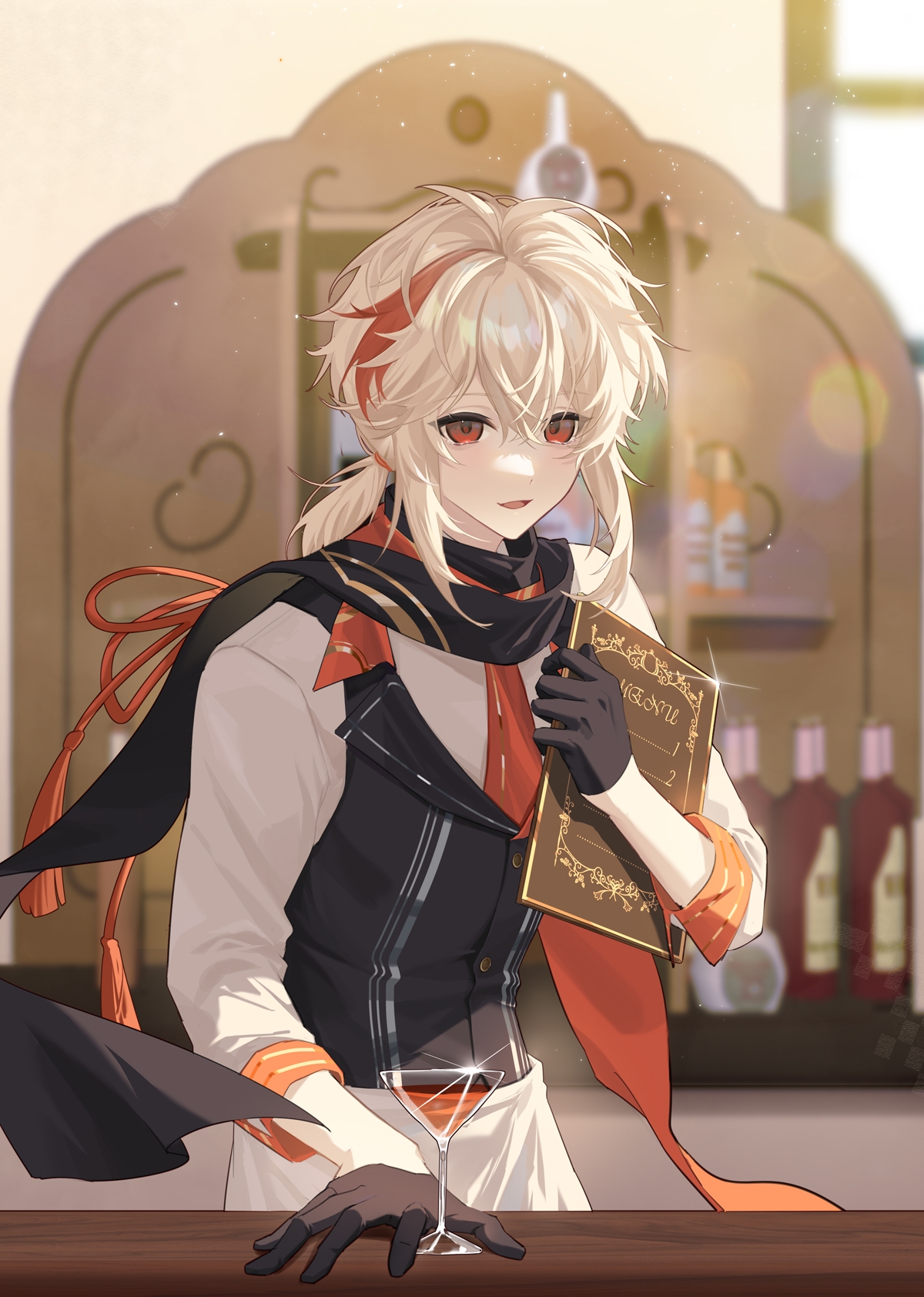 The Big ImageBoard (TBIB) - 1boy alcohol antenna hair apron bar (place) bartender black gloves ...