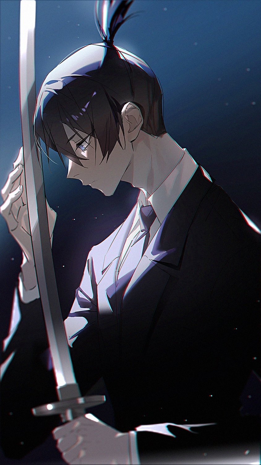 The Big ImageBoard (TBIB) - 1boy black hair black jacket black necktie blue background blue eyes ...