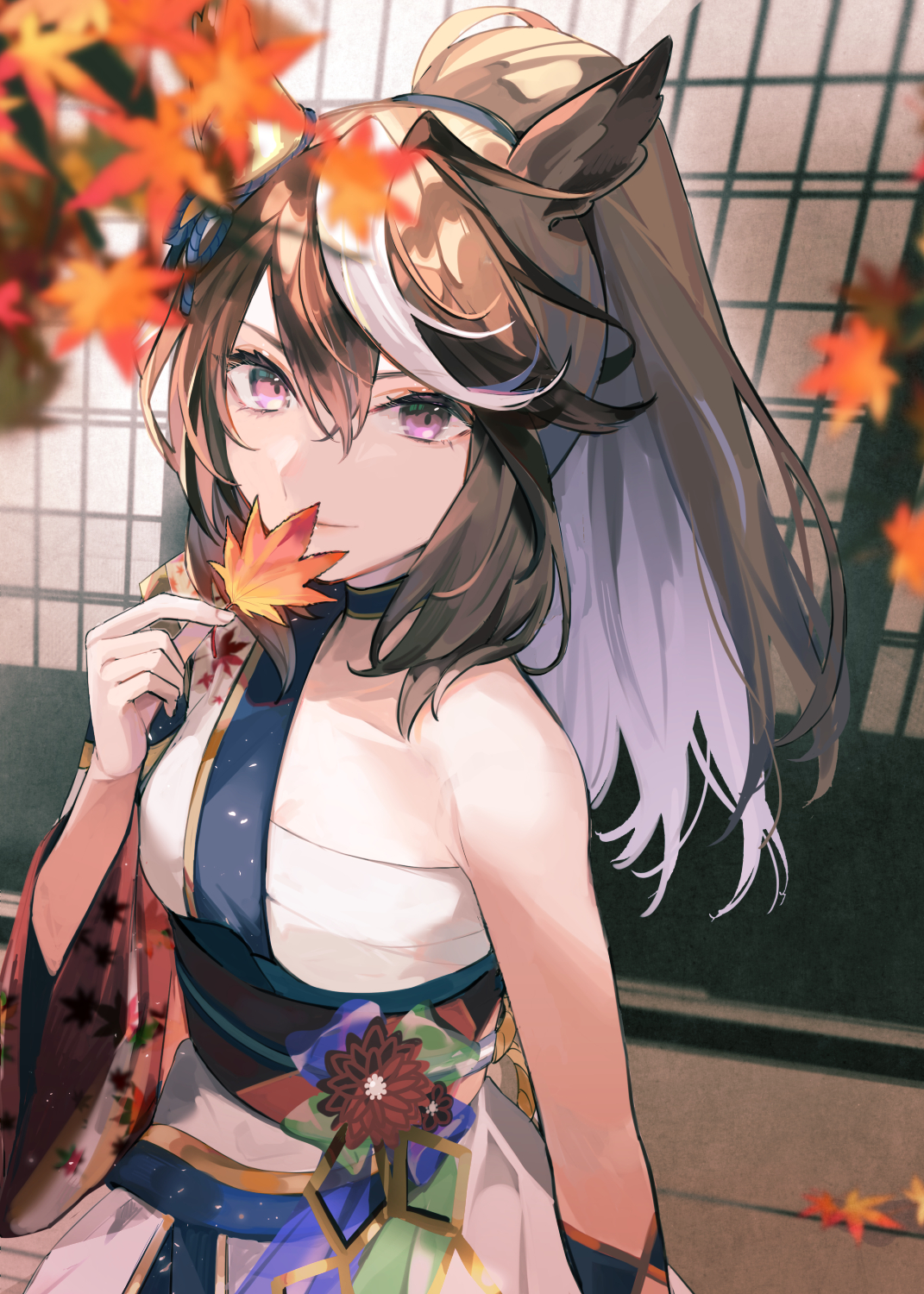 The Big ImageBoard (TBIB) - 1girl animal ears autumn leaves bare shoulders brown hair chest ...