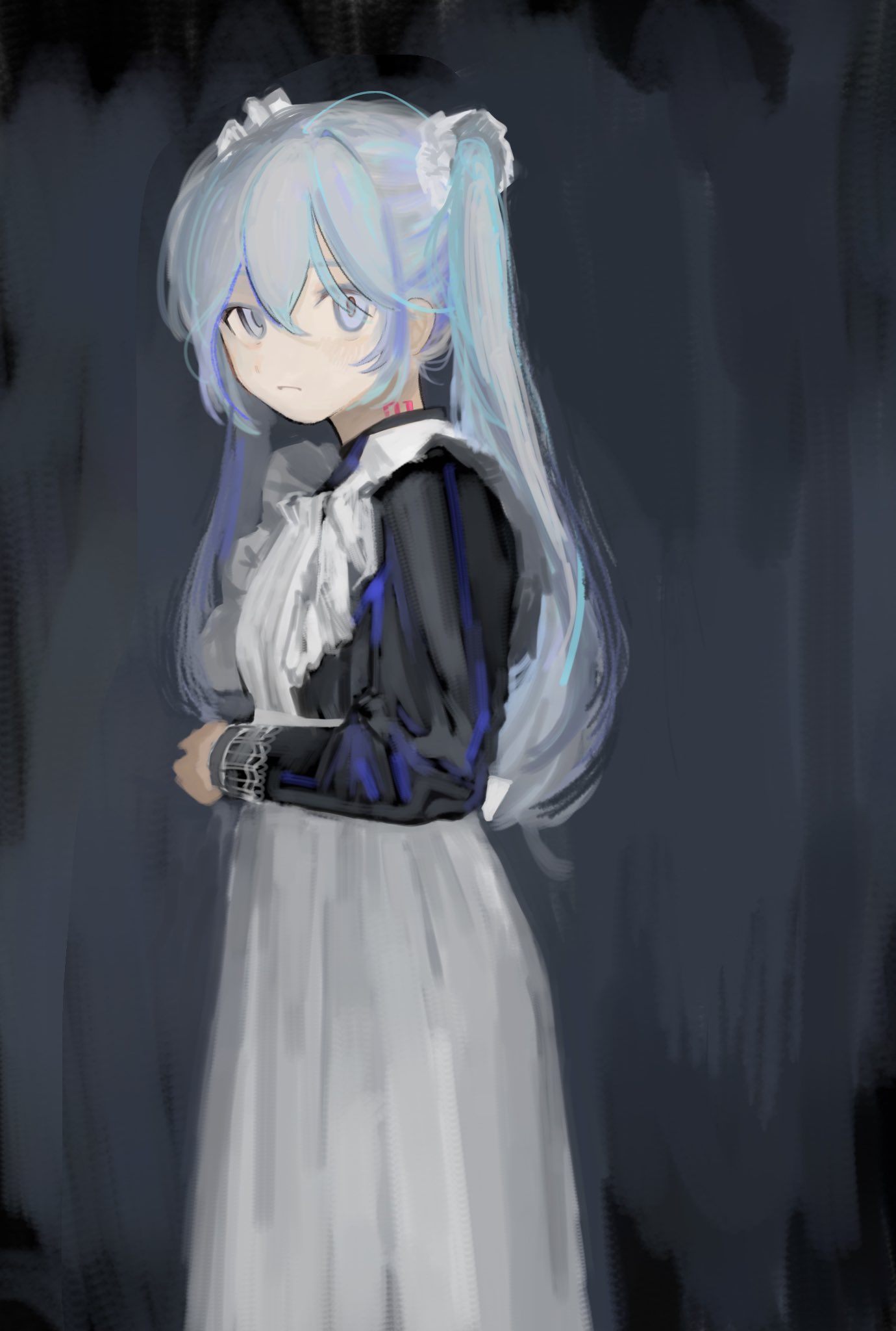 The Big ImageBoard (TBIB) - 1girl apron aqua hair black dress blue eyes blue hair brush stroke ...