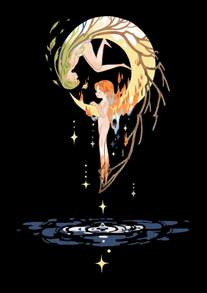 The Big ImageBoard (TBIB) - 2girls arm at side barefoot black background branch burning closed ...