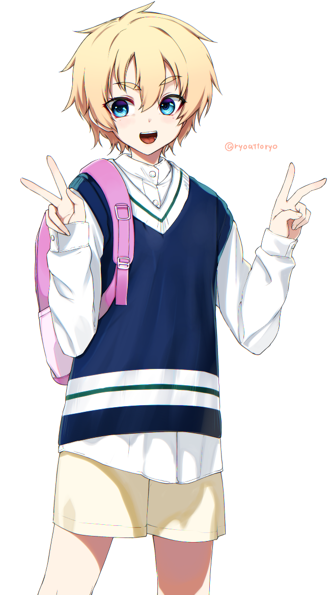 The Big ImageBoard (TBIB) - 1girl :d backpack bag bangs blonde hair blue eyes blue sweater vest ...