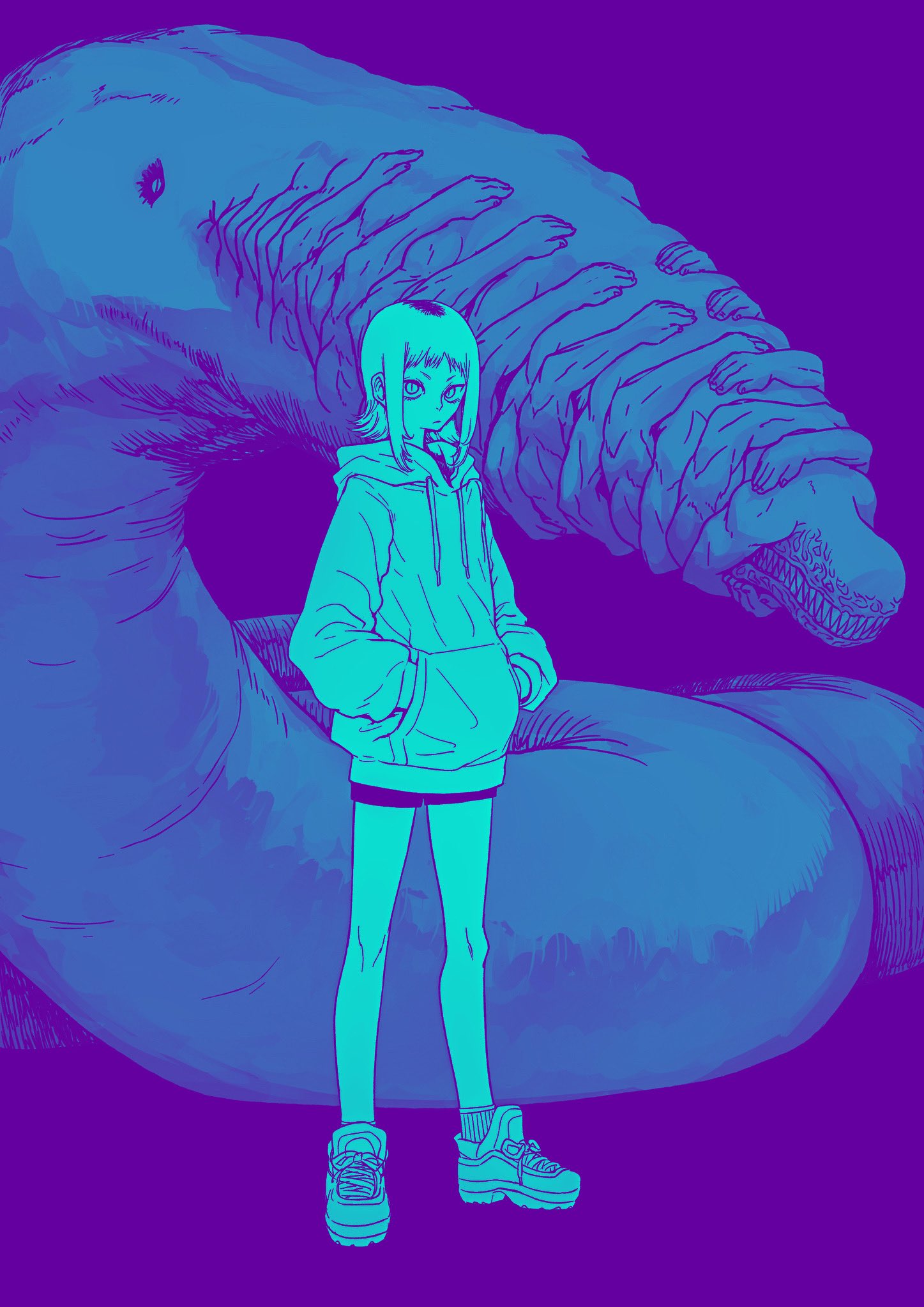 The Big ImageBoard (TBIB) - 1girl blue background blue theme chainsaw man extra arms hands in ...