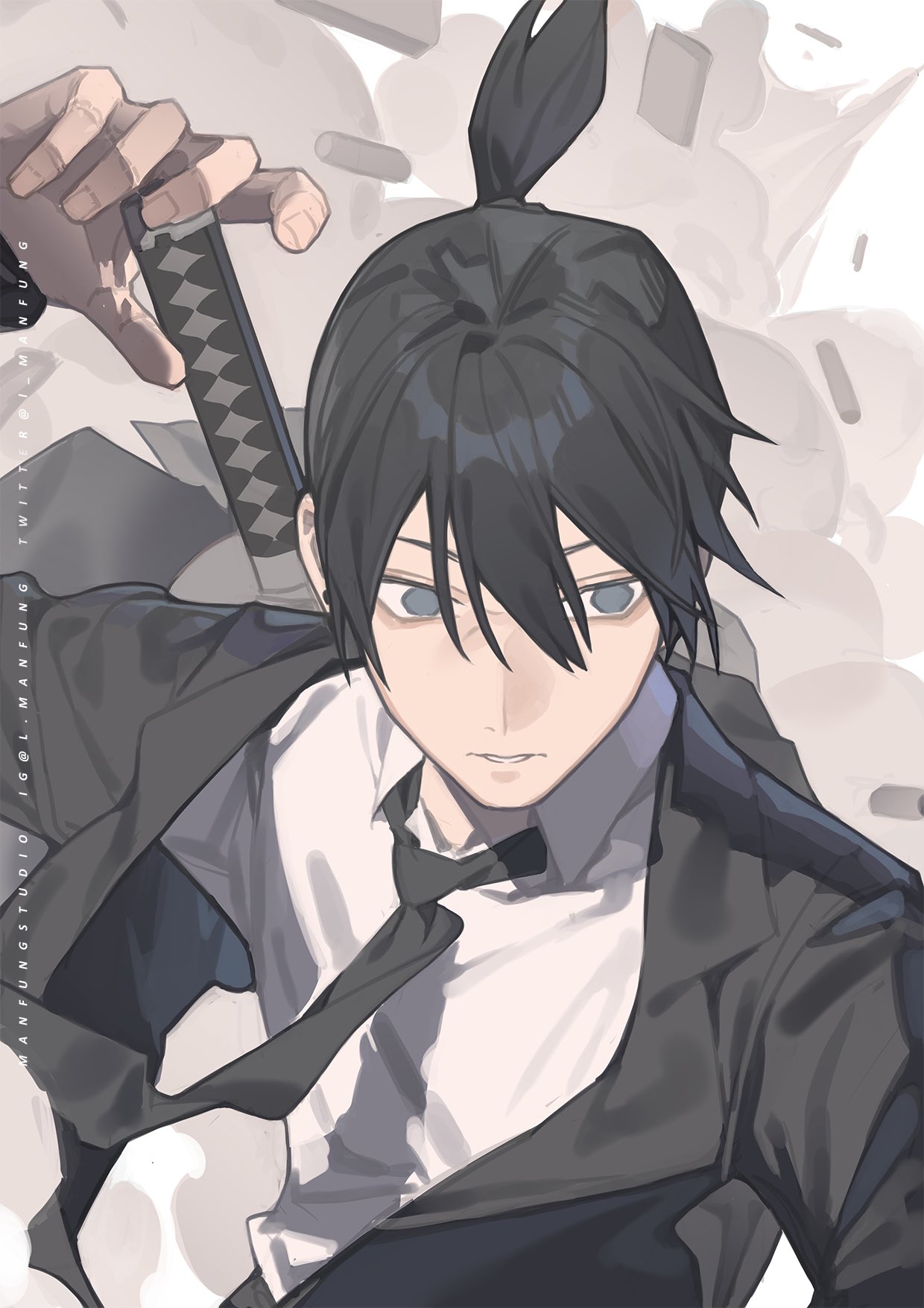 The Big ImageBoard (TBIB) - 1boy bangs black hair black jacket black necktie blue eyes chainsaw ...