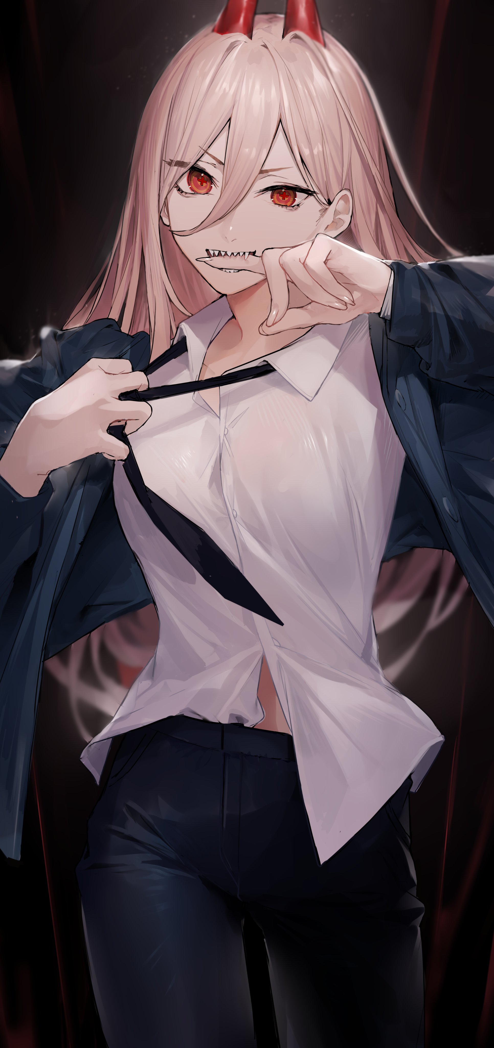 The Big ImageBoard (TBIB) - 1girl absurdres biting black background black jacket black necktie ...