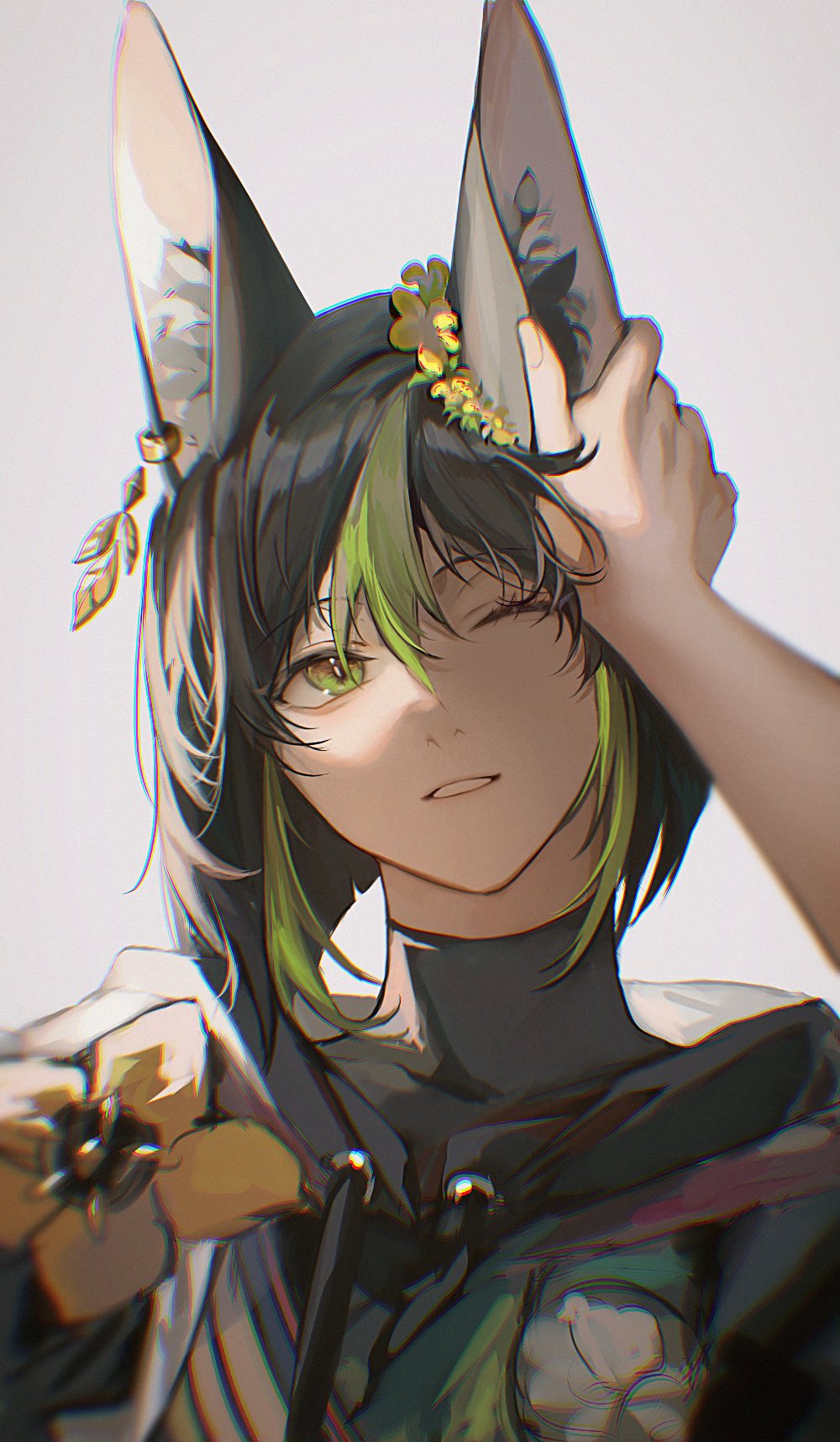 The Big ImageBoard (TBIB) - 1boy animal ear fluff animal ears bangs black hair blunt ends flower ...