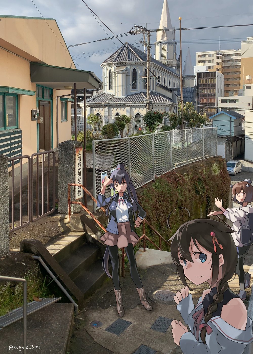 The Big ImageBoard (TBIB) - 3girls ahoge alternate costume backpack bag black hair black jacket ...