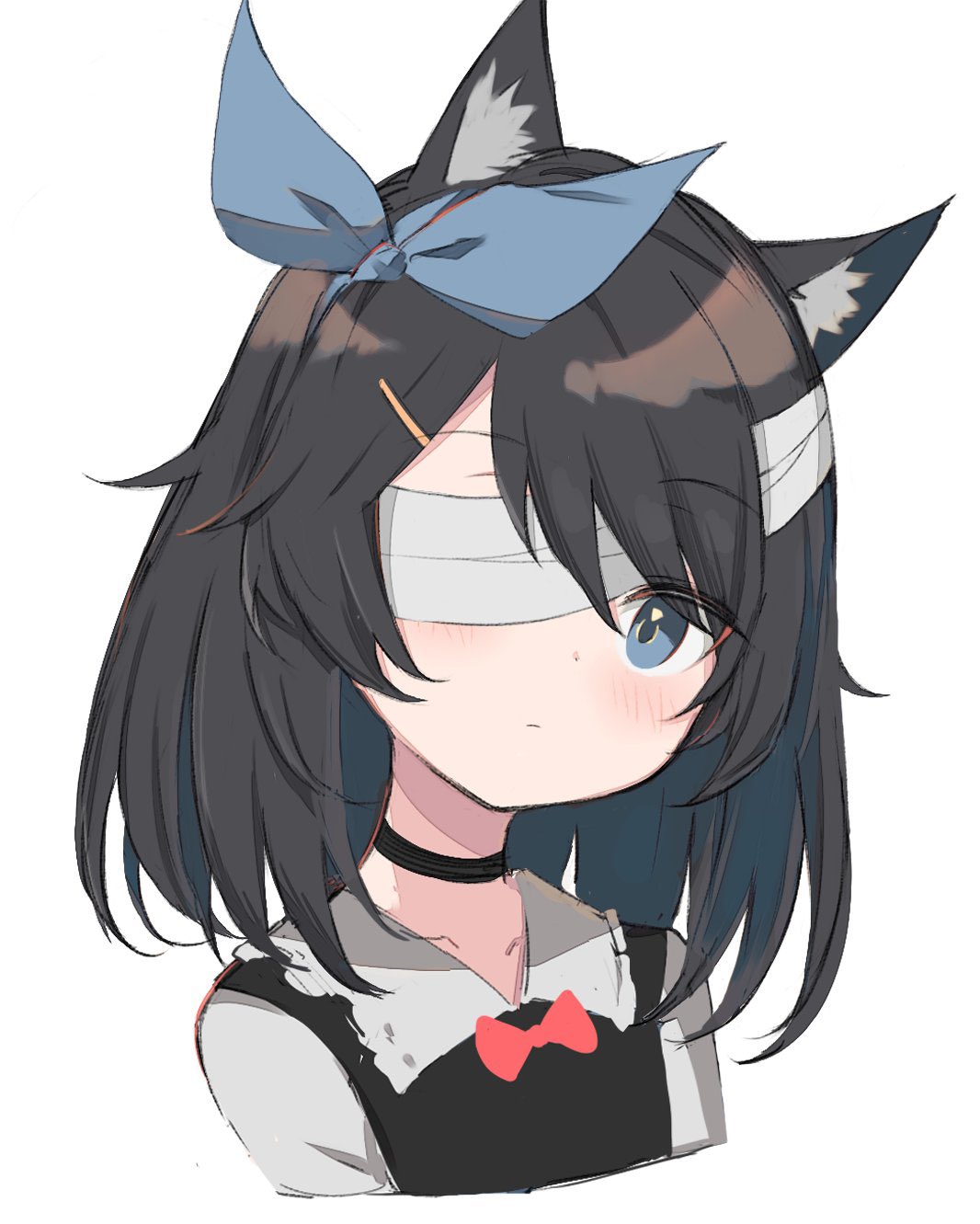 The Big ImageBoard (TBIB) - 1girl animal ears bandage over one eye black choker black hair black ...