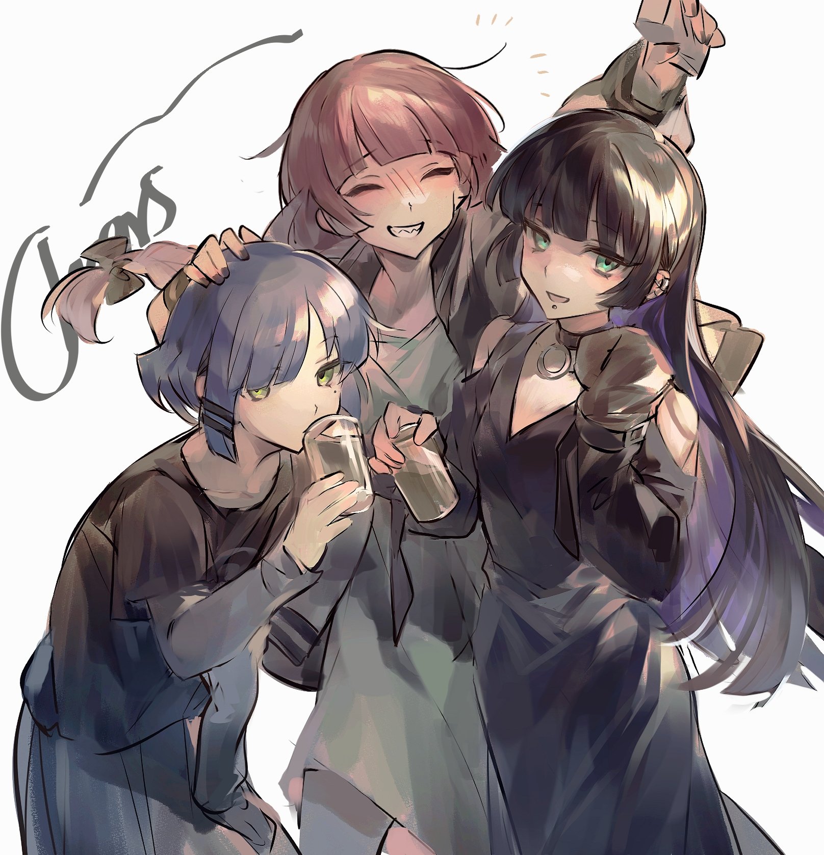 The Big ImageBoard (TBIB) - 3girls arm up bangs black choker black dress black hair black shirt ...