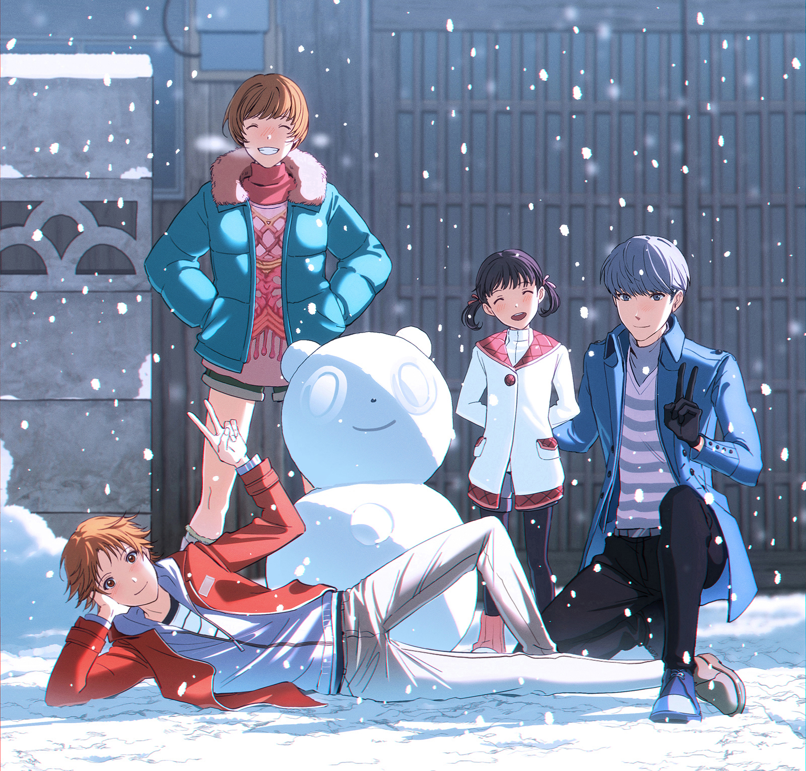 The Big ImageBoard (TBIB) - 2boys 2girls arms behind back black gloves black pants blue coat ...