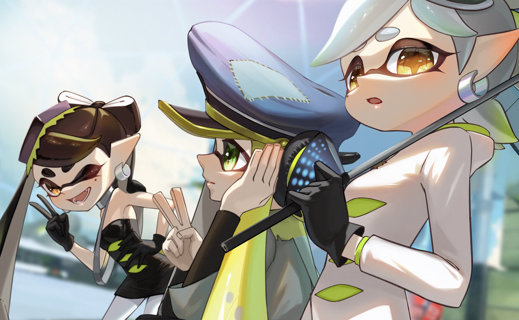 The Big ImageBoard (TBIB) - + + 3girls :o ;d agent 3 (splatoon) asymmetrical hair bare shoulders ...
