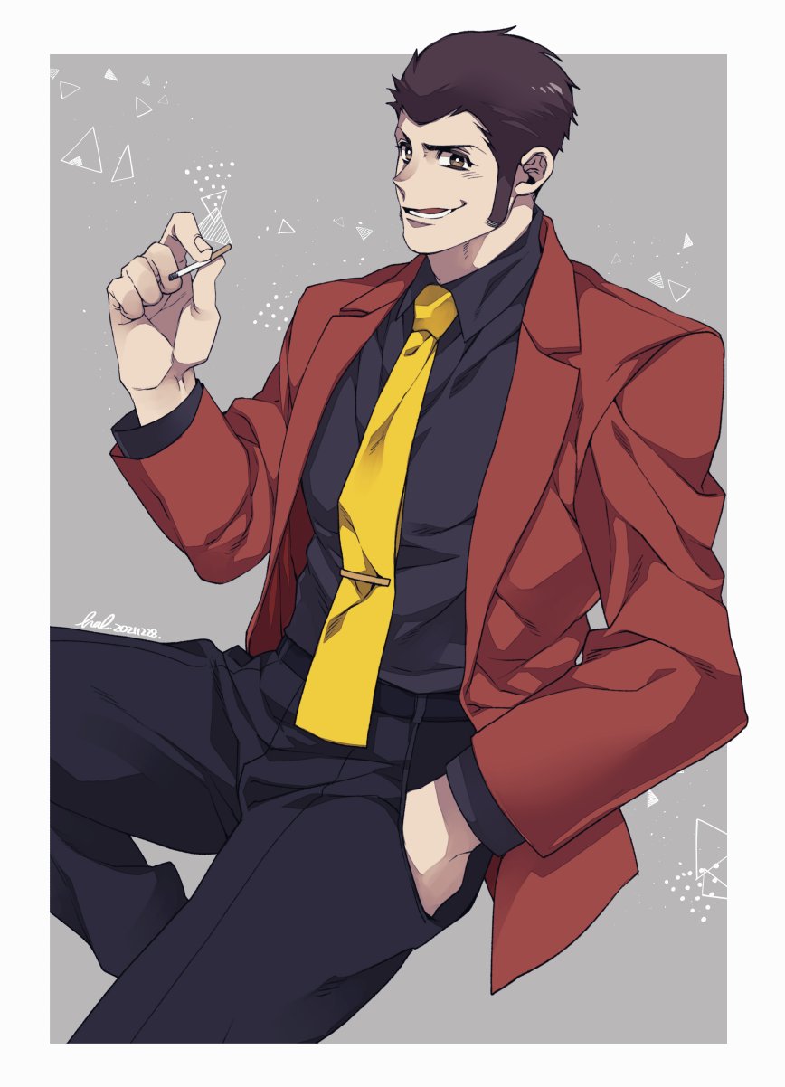 The Big ImageBoard (TBIB) - 1boy arsene lupin iii black pants black shirt border brown eyes ...