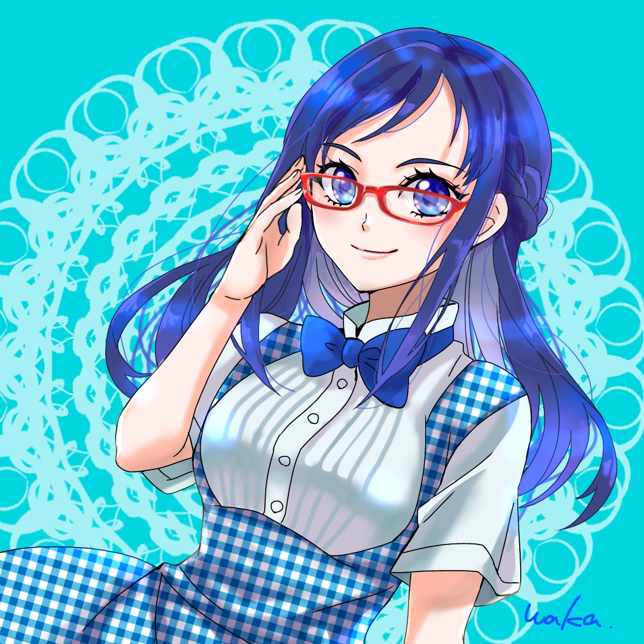 The Big ImageBoard (TBIB) - 1girl adjusting eyewear apron artist name blue apron blue background ...