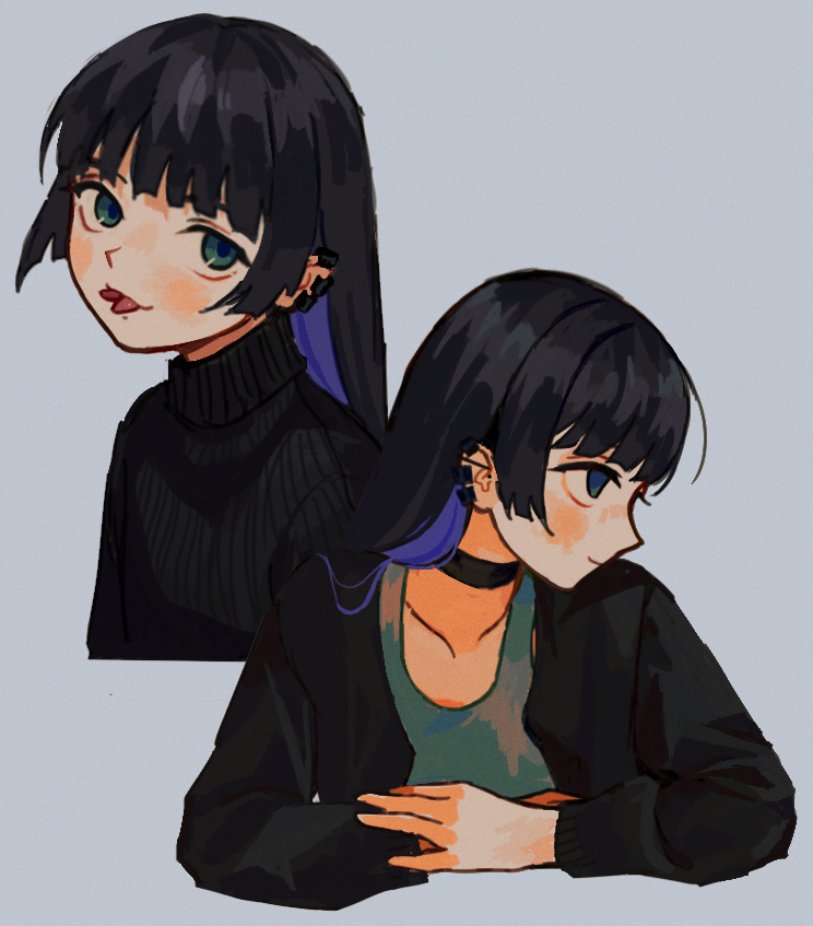 The Big ImageBoard (TBIB) - 1girl aqua eyes black cardigan black choker black hair black sweater ...