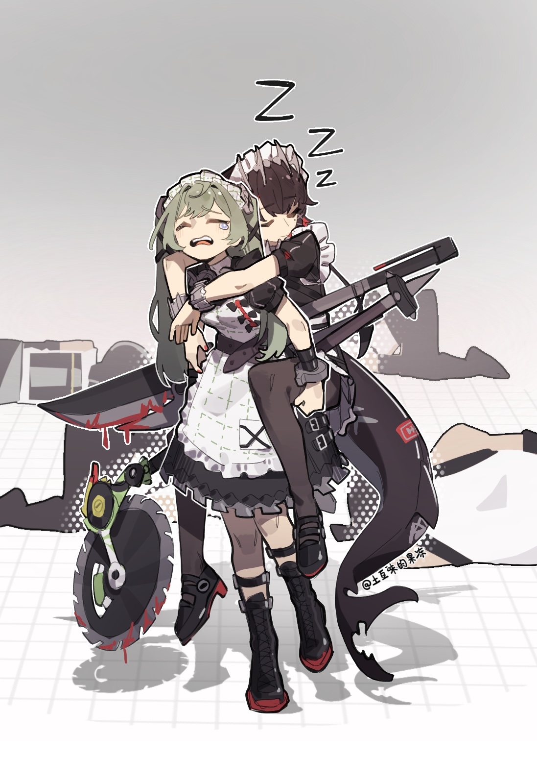 The Big ImageBoard (TBIB) - 2girls apron black hair blood carrying carrying person circular saw ...