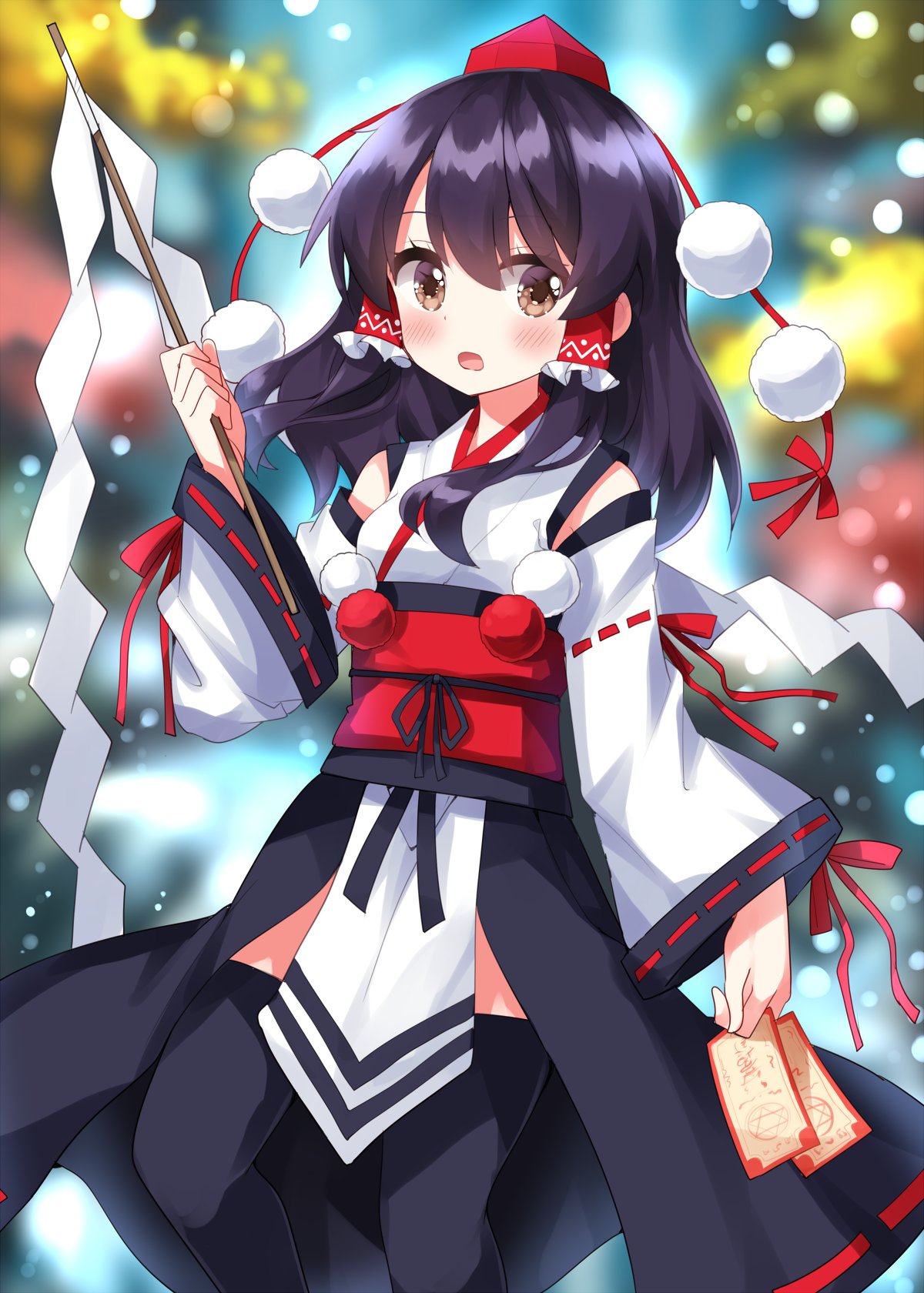 The Big ImageBoard (TBIB) - 1girl bare shoulders black hair black kimono black thighhighs blush ...