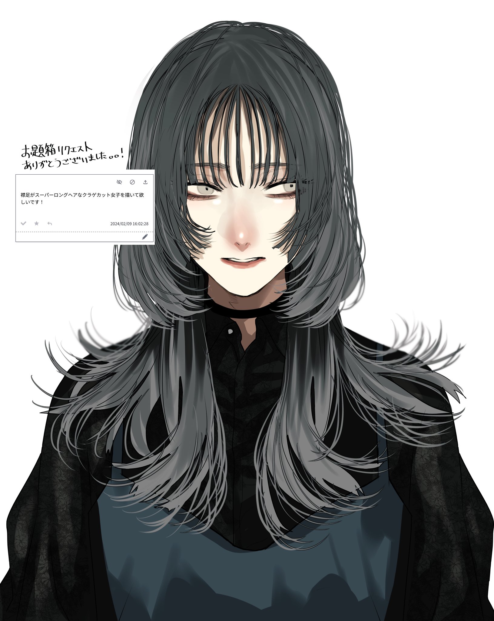 The Big ImageBoard (TBIB) - 1girl aegyo sal black hair black shirt blue dress choppy bangs ...