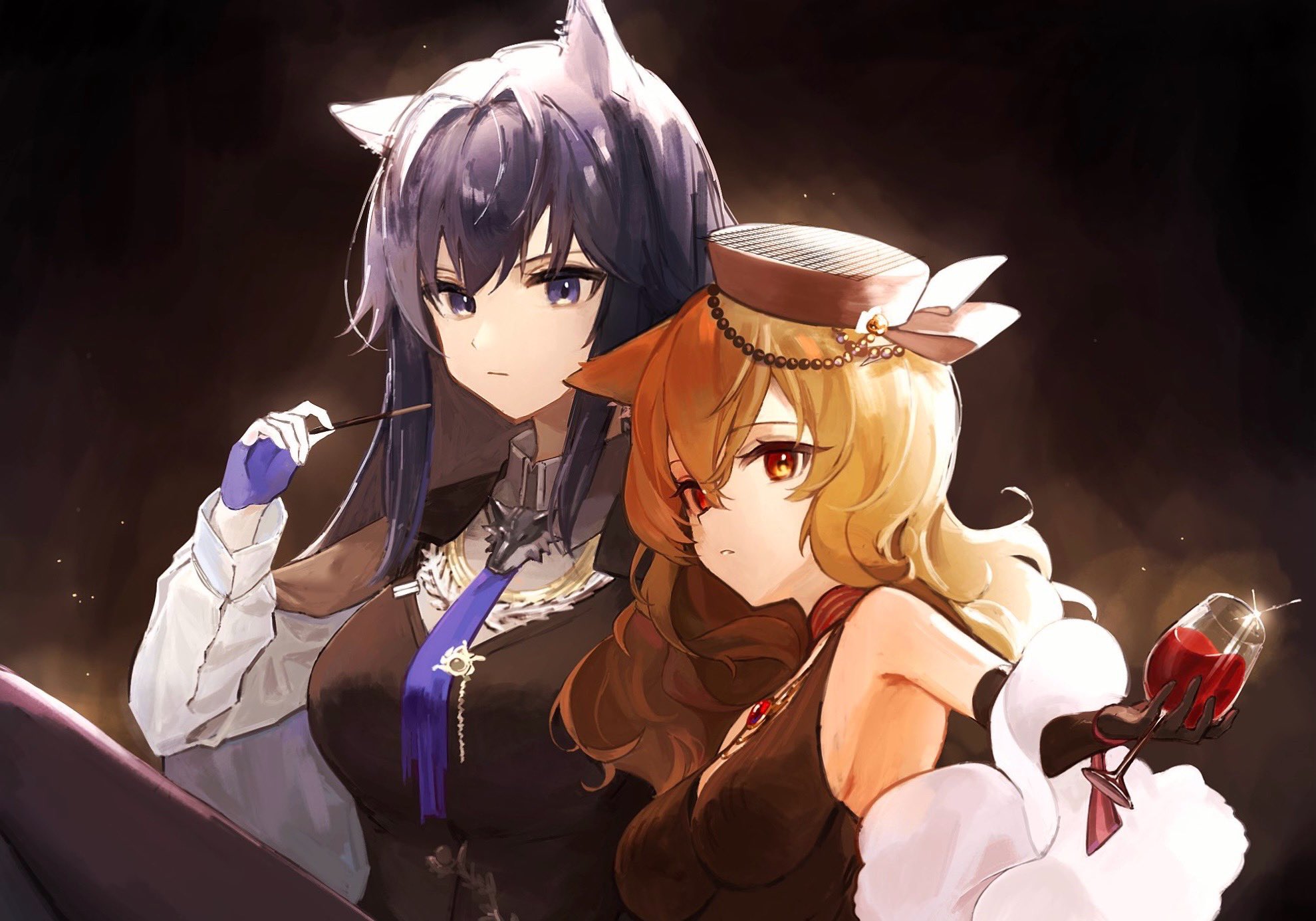 The Big ImageBoard (TBIB) - 2girls animal ears arknights black background black coat black dress ...
