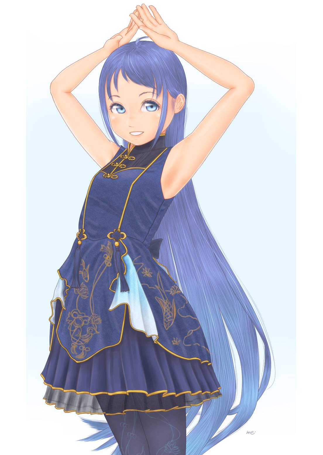 The Big ImageBoard (TBIB) - 1girl ahoge armpits arms up bare shoulders blue dress blue eyes blue ...