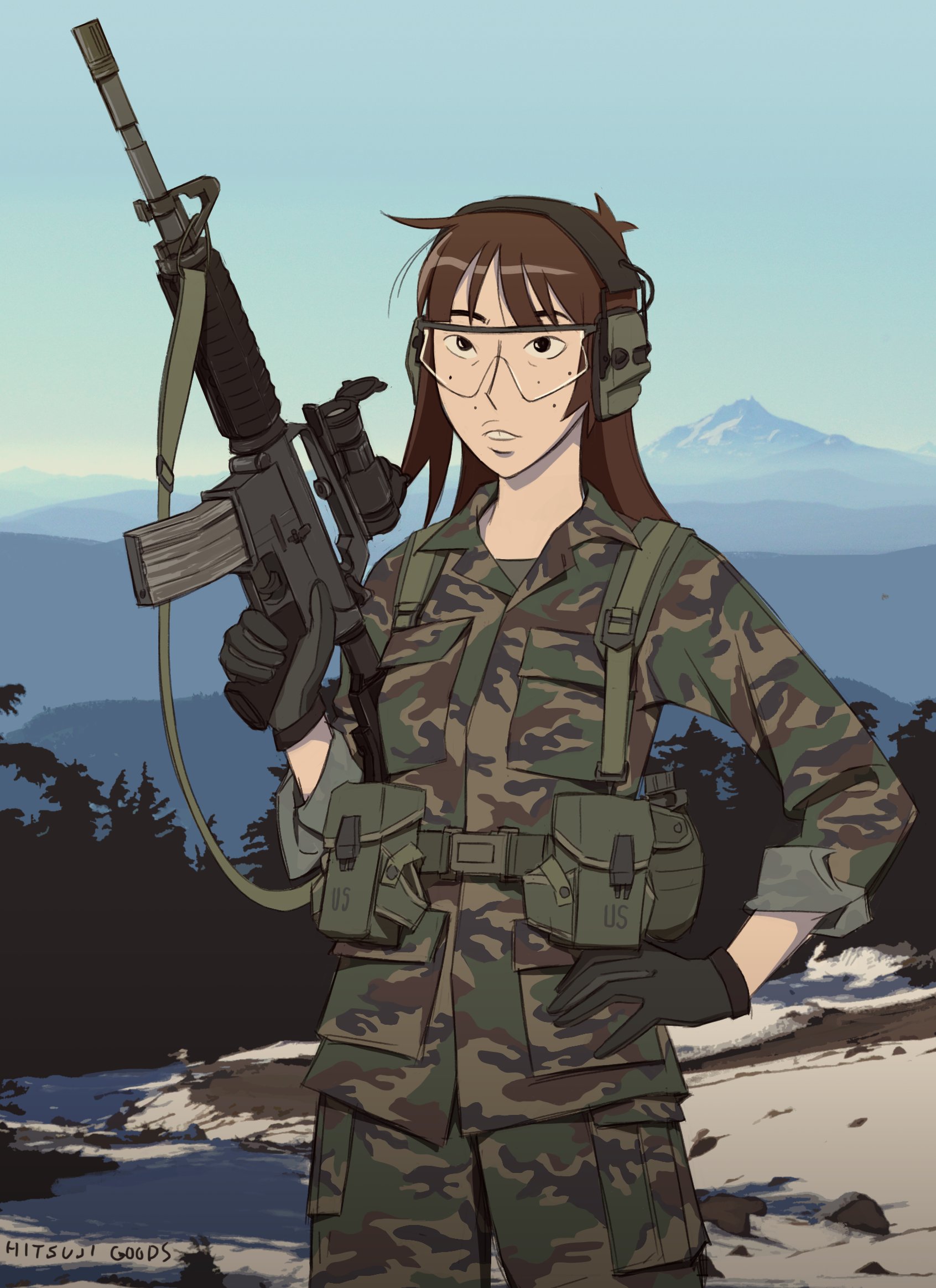 The Big ImageBoard (TBIB) - 1girl artist name assault rifle black eyes black gloves brown hair ...