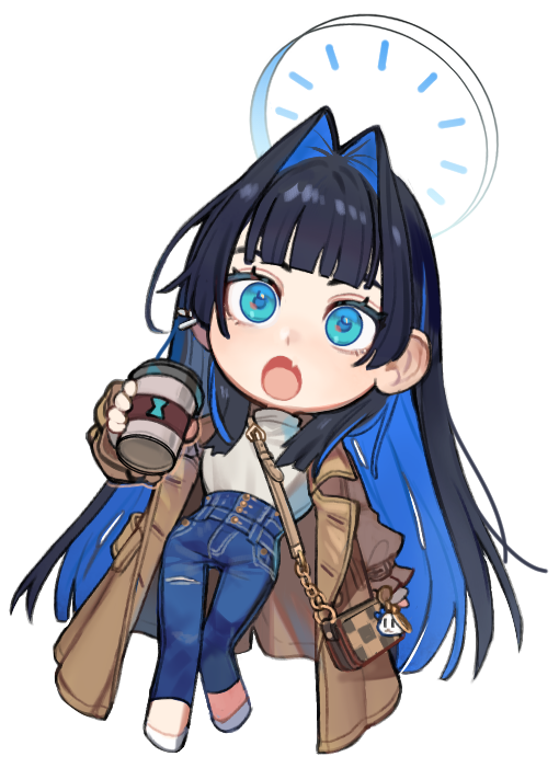 The Big ImageBoard (TBIB) - 1girl bag bangs blue eyes blue hair blunt bangs chibi coffee cup cup ...