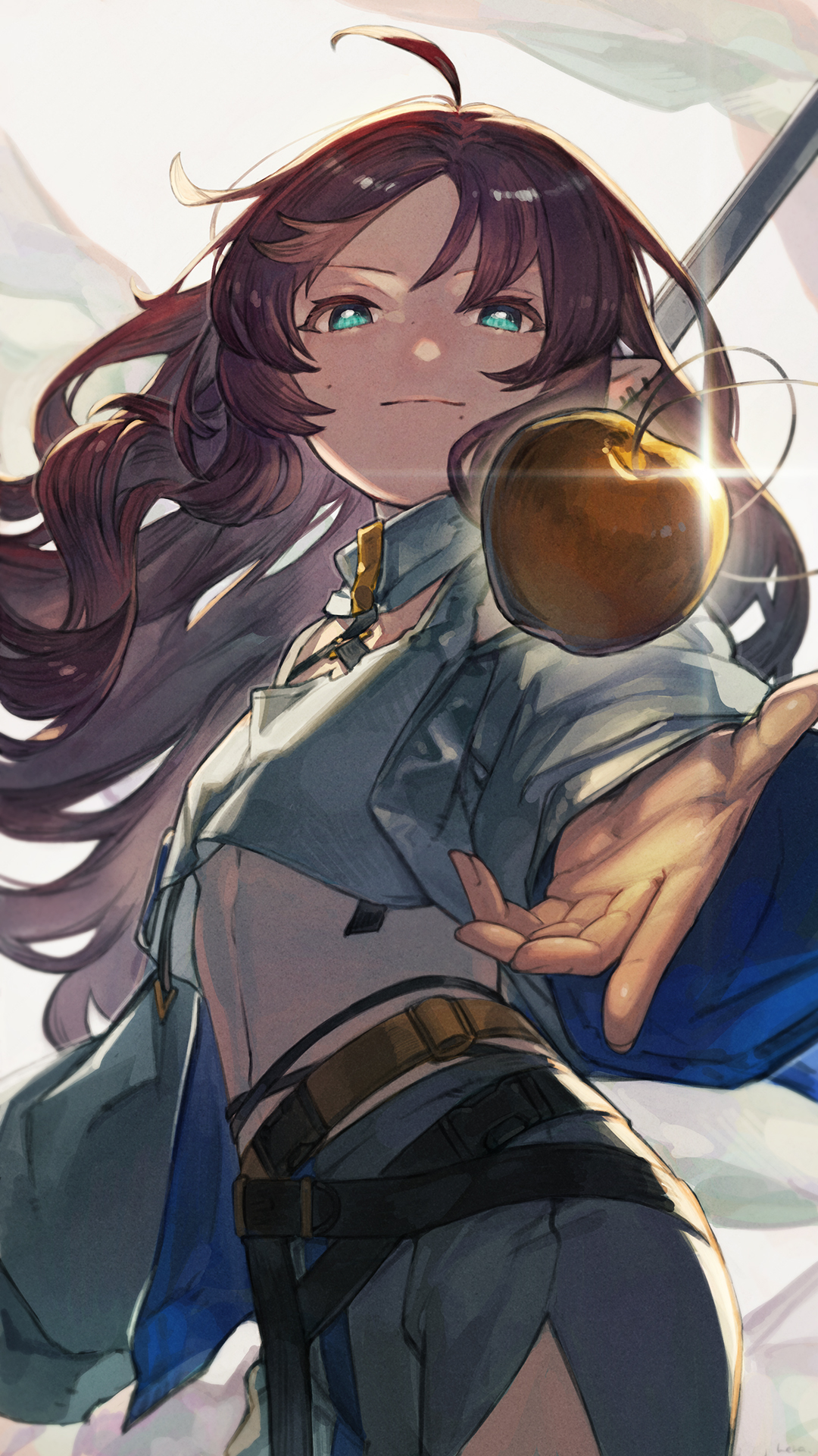 The Big ImageBoard (TBIB) - 1girl ahoge apple arknights backlighting belt blue eyes cowboy shot ...