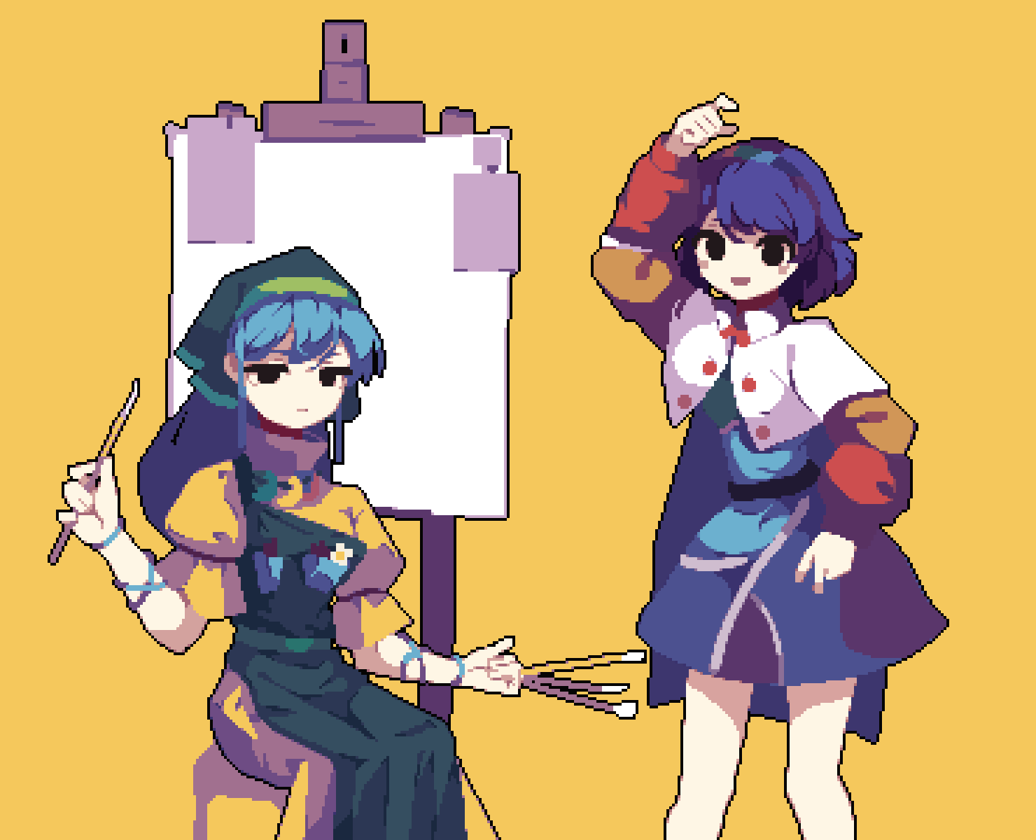 The Big Imageboard Tbib 2girls 4qw5 Apron Blue Hair Capelet Drawing