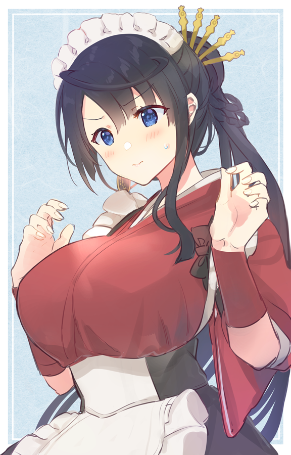 The Big Imageboard Tbib 1girl Apron Blue Background Blue Eyes Blue