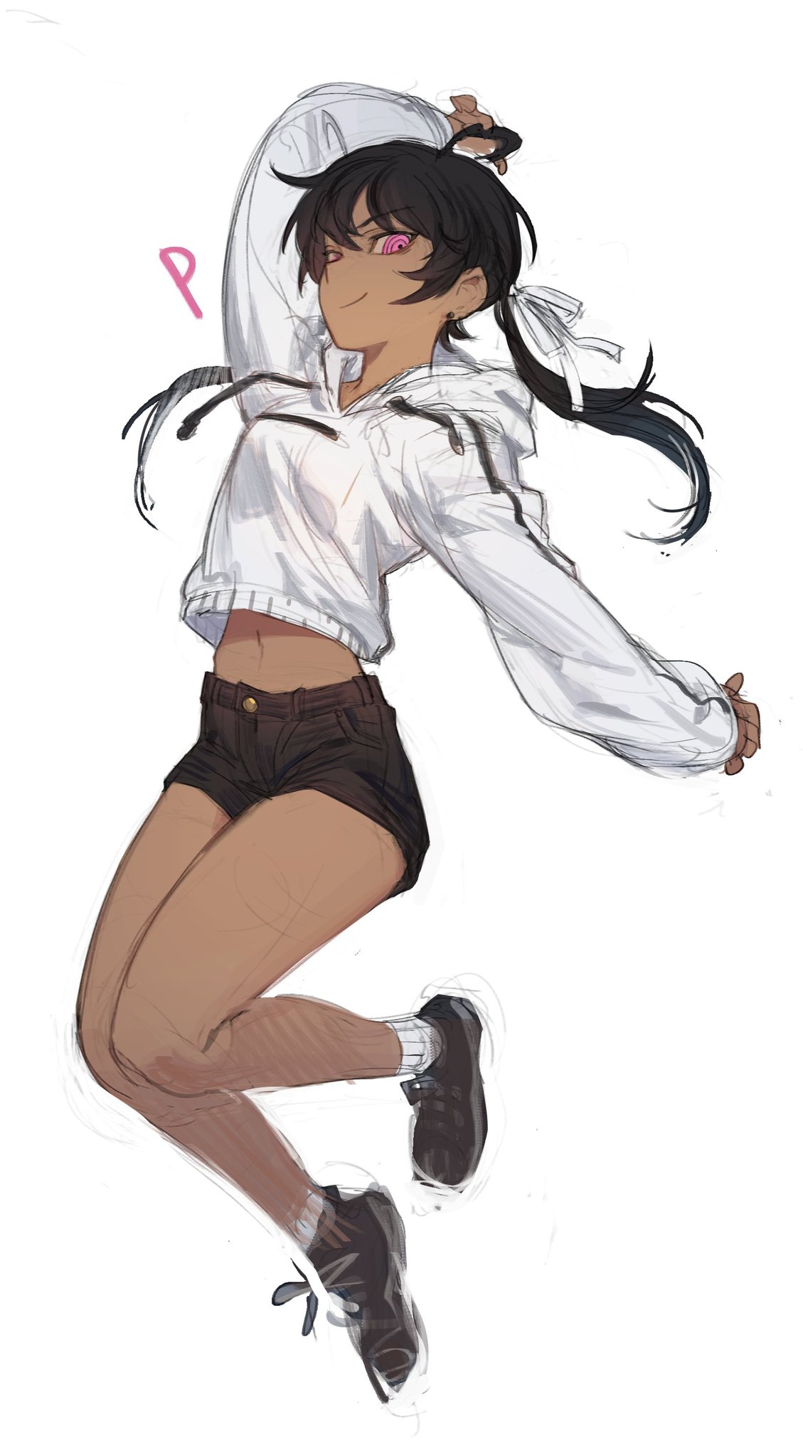 The Big ImageBoard (TBIB) - 1girl arm up black footwear black hair black shorts breasts cowlick ...