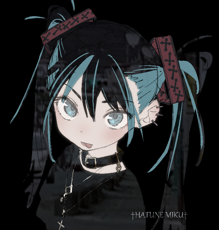 The Big ImageBoard (TBIB) - 1girl aqua eyes aqua hair black background black collar black hair ...
