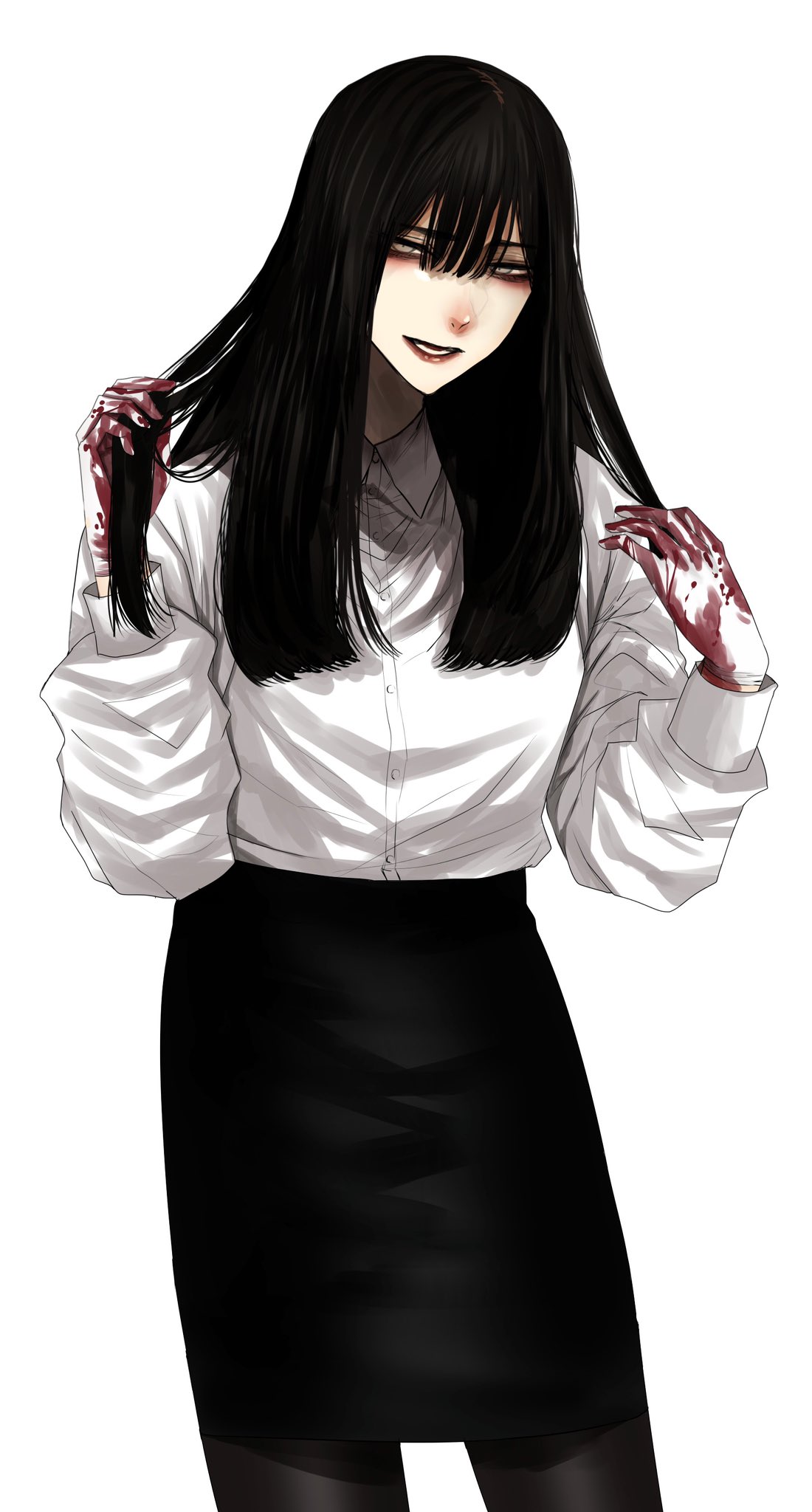 The Big ImageBoard (TBIB) - 1girl bags under eyes black hair black pantyhose black skirt blood ...