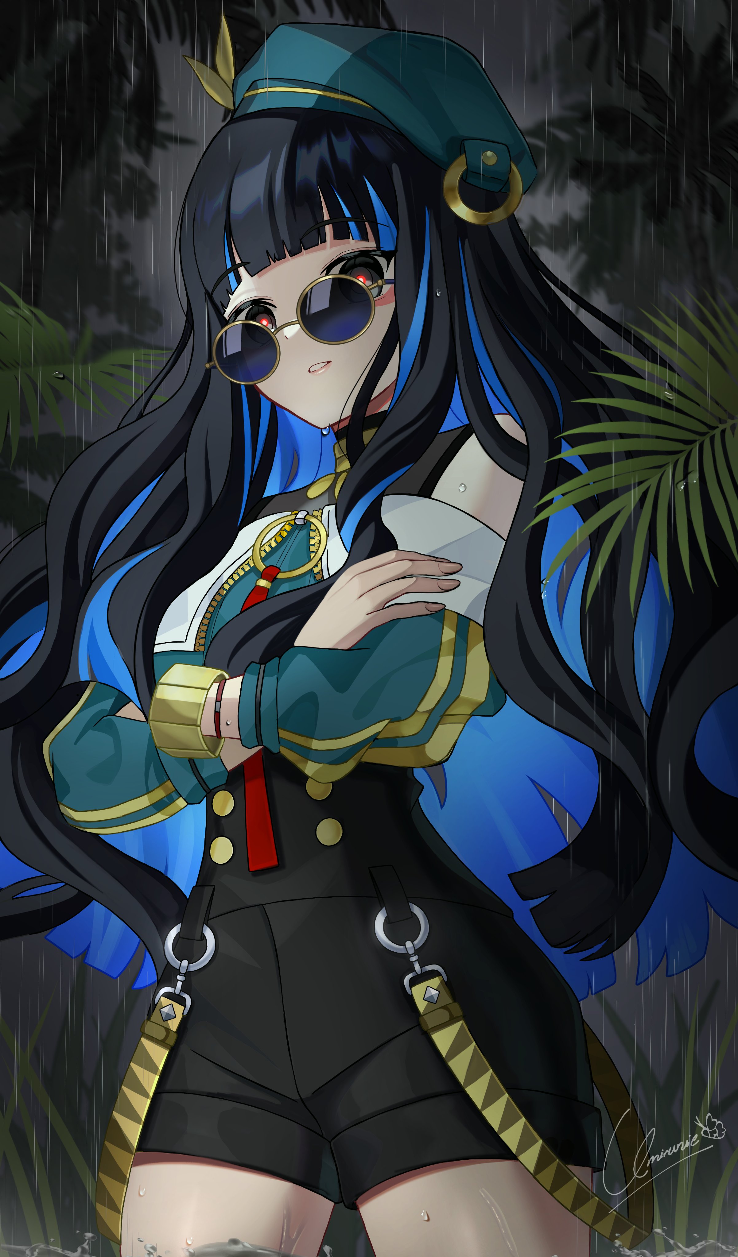 The Big ImageBoard (TBIB) - 1girl absurdres bare shoulders beret black hair blue-tinted eyewear ...