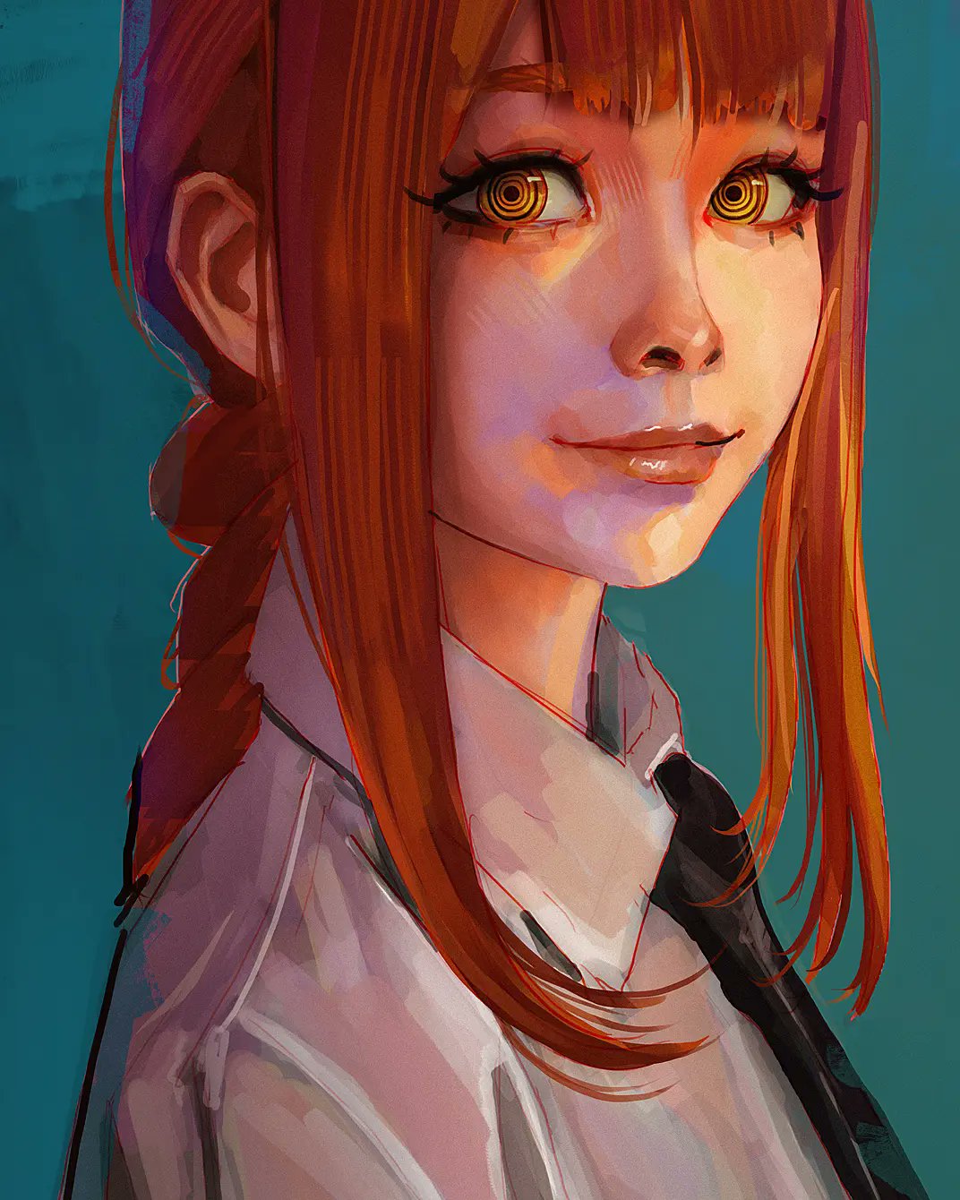 The Big ImageBoard (TBIB) - 1girl black necktie blue background braid braided ponytail chainsaw ...