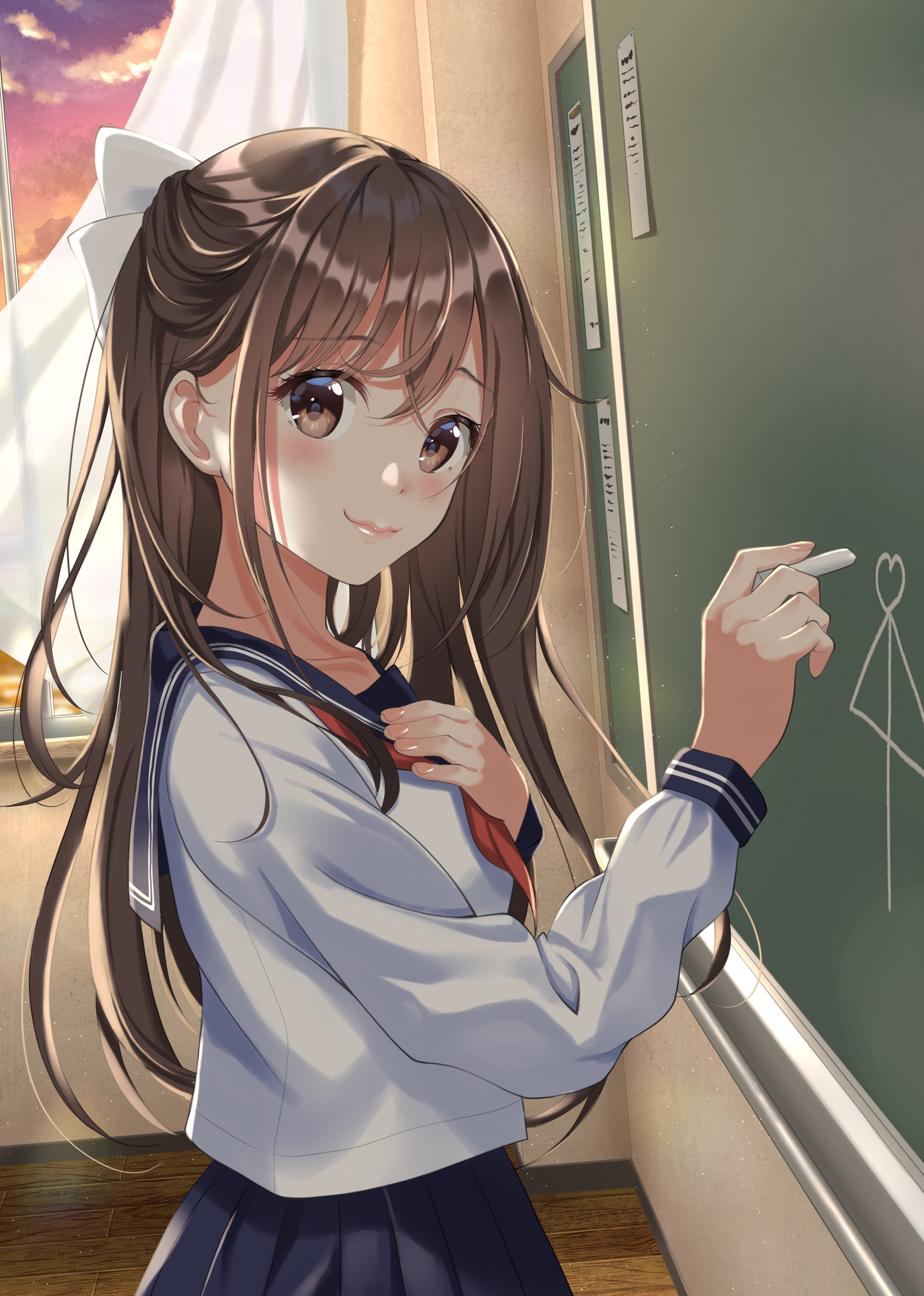 The Big Imageboard Tbib 1girl Absurdres Bangs Blush Bow Breasts Brown Eyes Brown Hair Chalk