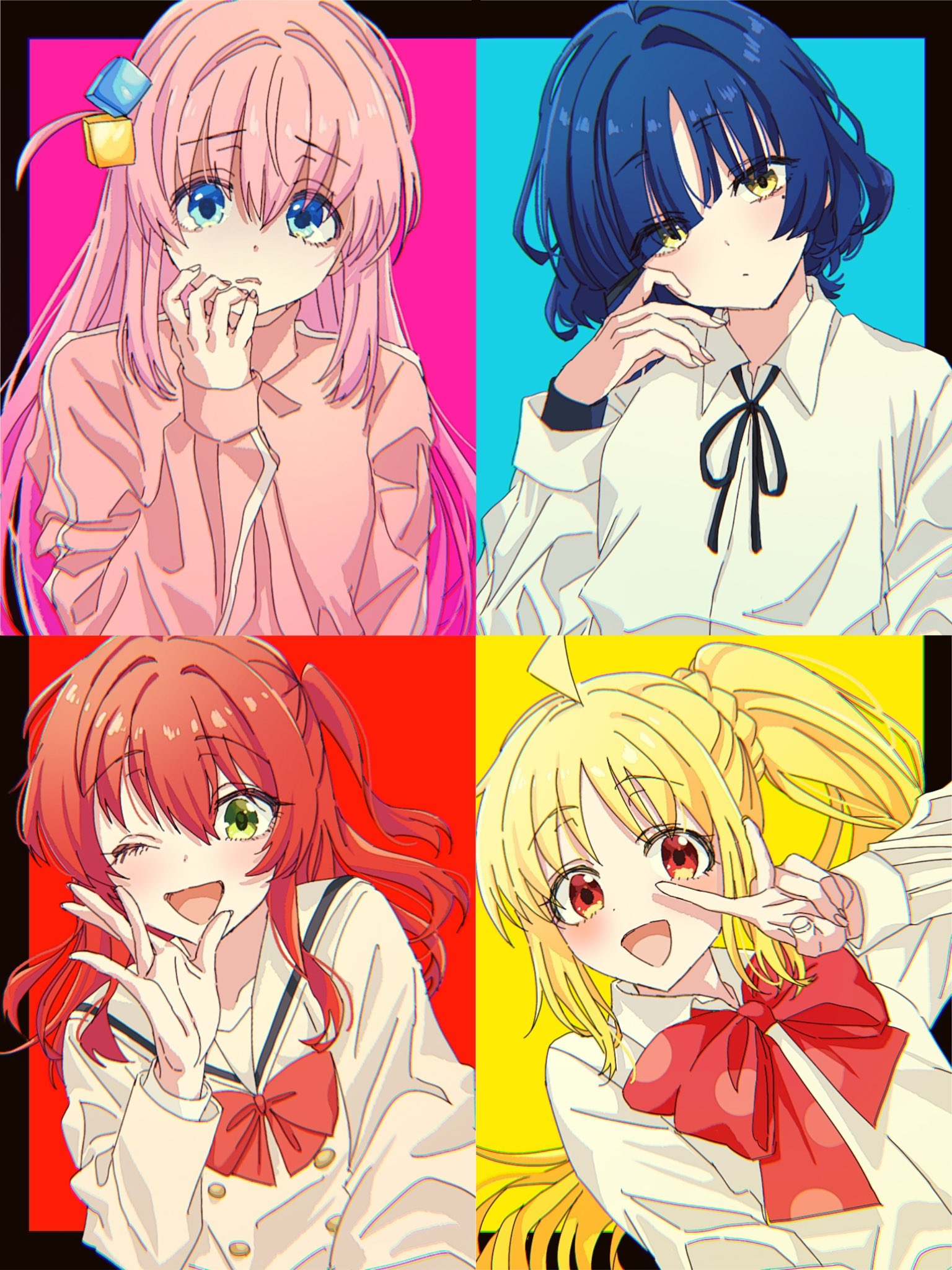 The Big ImageBoard (TBIB) - 4girls ;d ahoge bangs blonde hair blue hair blunt bangs bocchi the ...